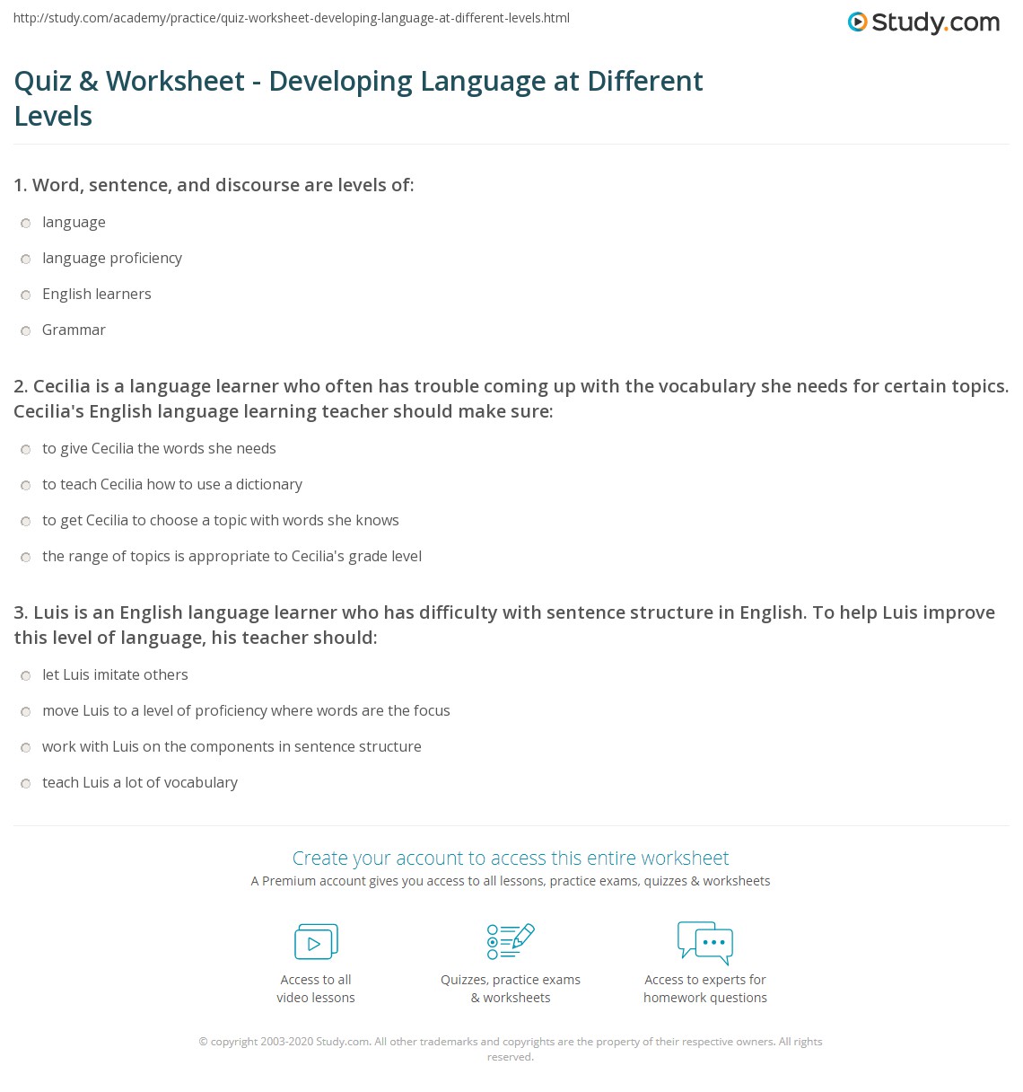 Quiz & Worksheet - Developing Language at Different Levels | Study.com