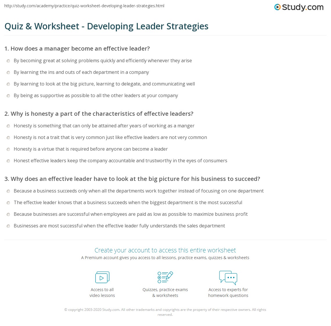 Quiz & Worksheet - Developing Leader Strategies | Study.com