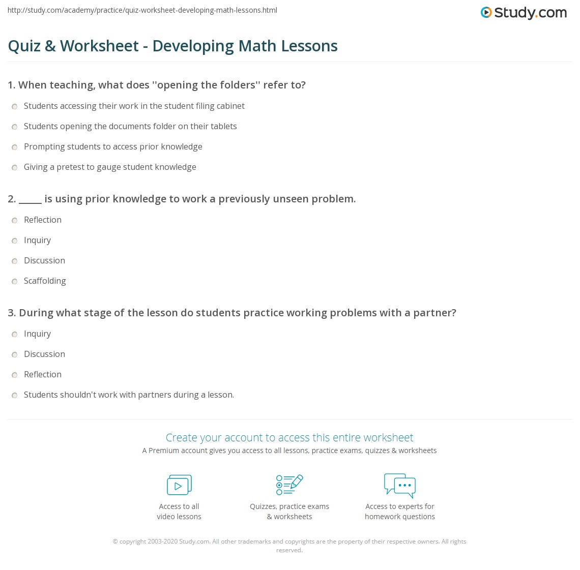 Quiz & Worksheet - Developing Math Lessons | Study.com