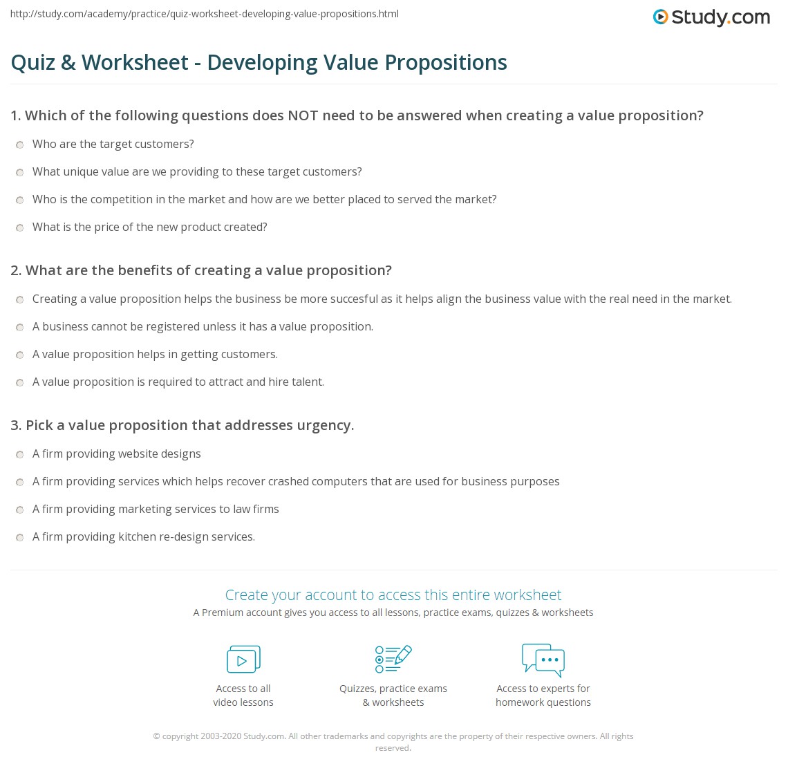 Quiz & Worksheet - Developing Value Propositions | Study.com