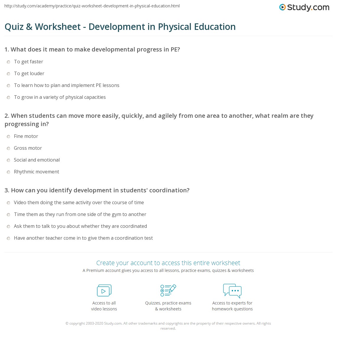 Quiz & Worksheet - Development in Physical Education | Study.com