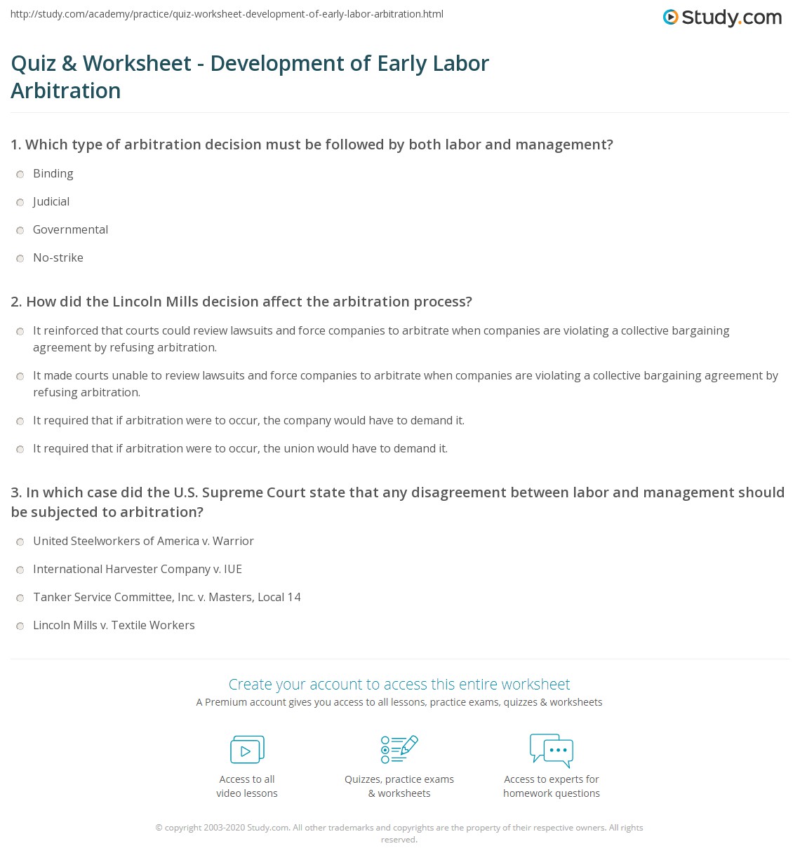 Quiz & Worksheet - Development of Early Labor Arbitration | Study.com