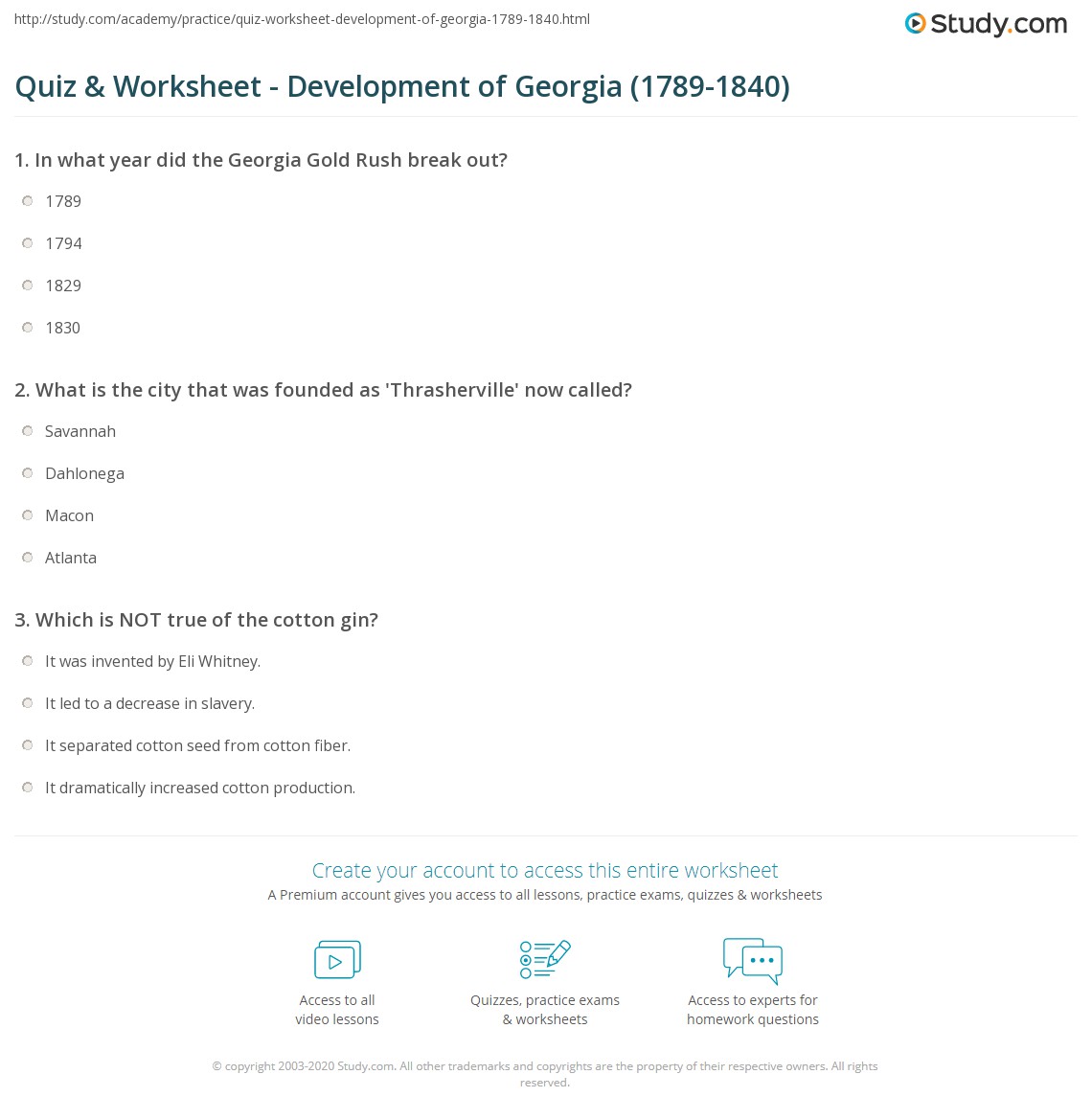 Quiz & Worksheet - Development of Georgia (1789-1840) | Study.com