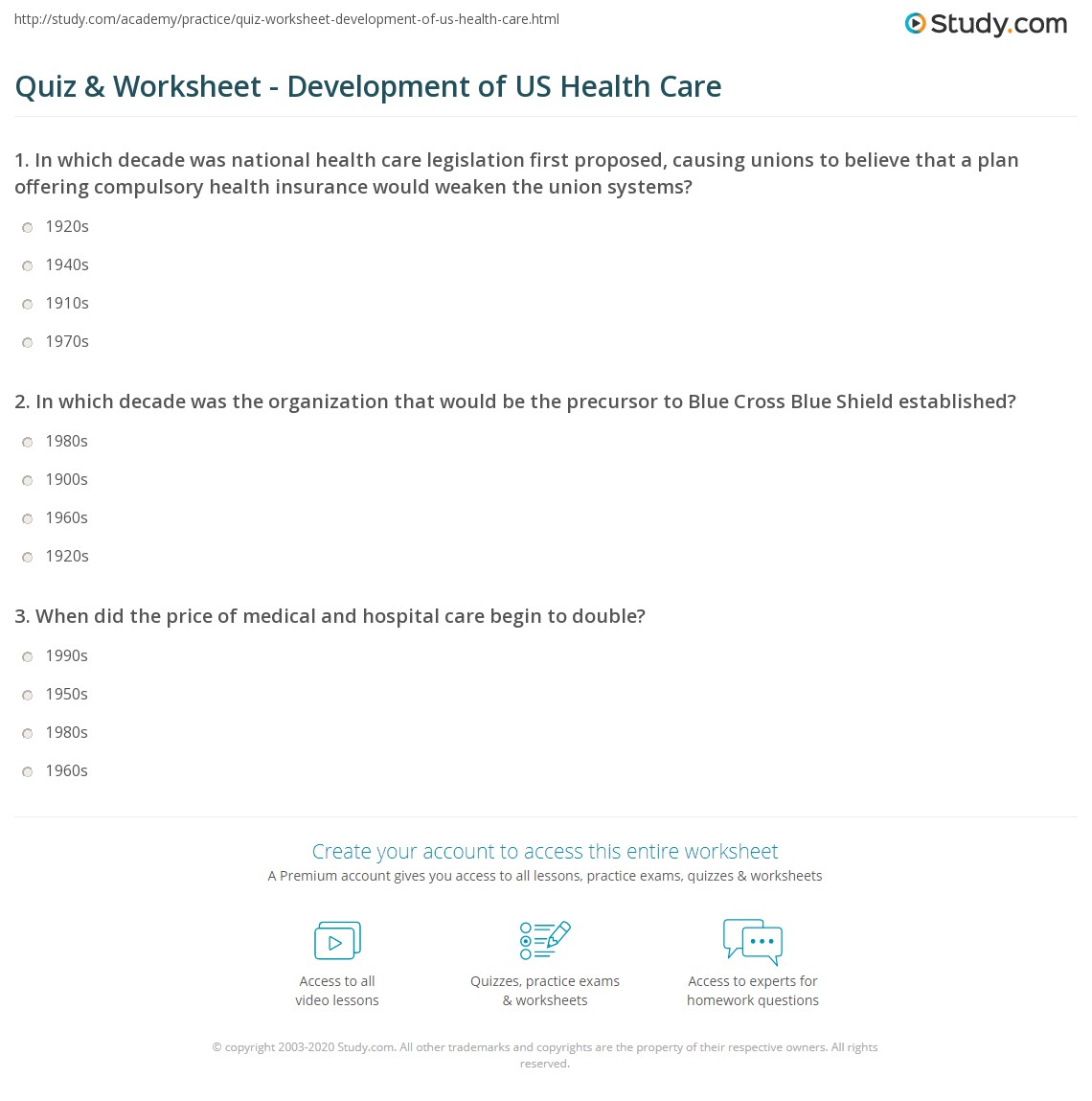 Quiz & Worksheet - Development of US Health Care | Study.com