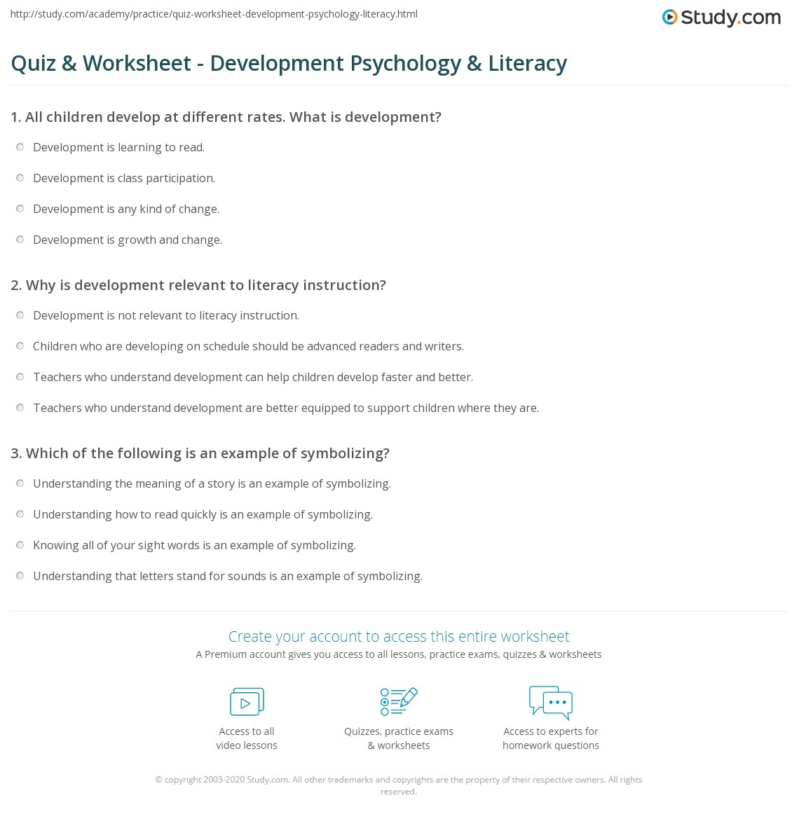 Quiz & Worksheet - Development Psychology & Literacy | Study.com