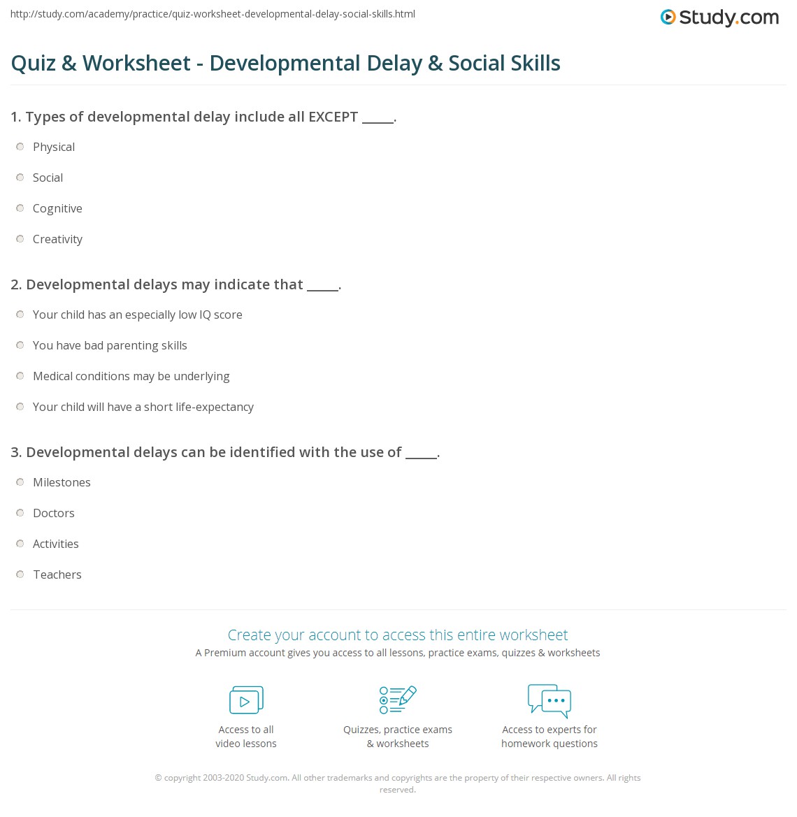 Quiz & Worksheet - Developmental Delay & Social Skills | Study.com