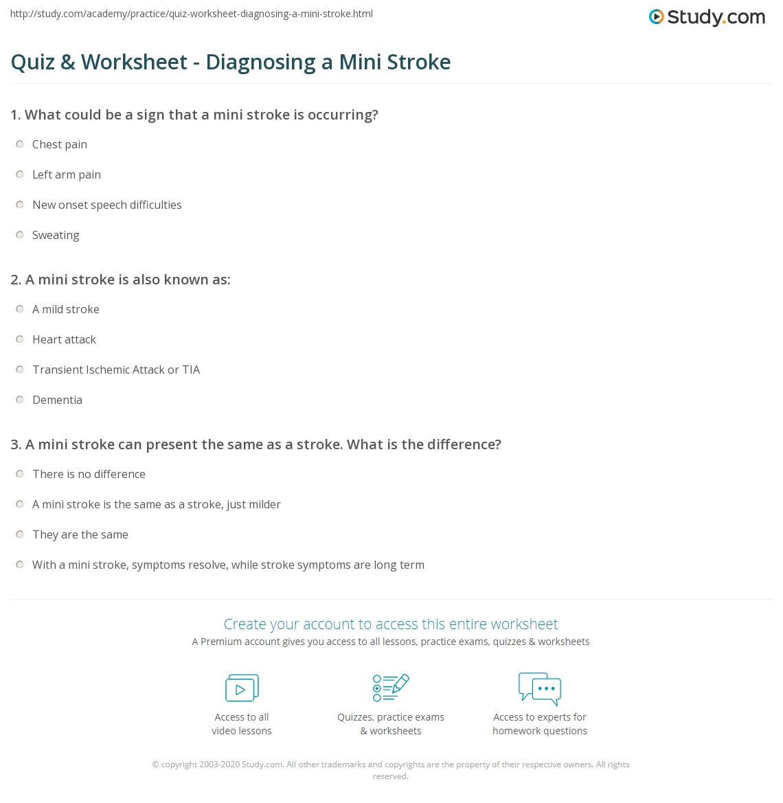 Quiz & Worksheet - Diagnosing a Mini Stroke | Study.com