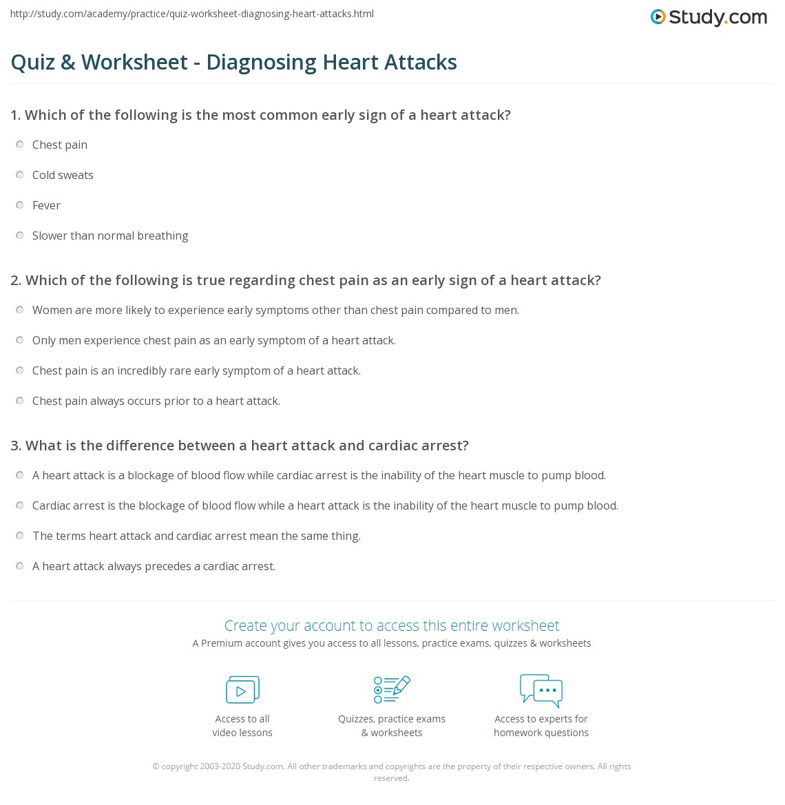 Quiz & Worksheet - Diagnosing Heart Attacks | Study.com