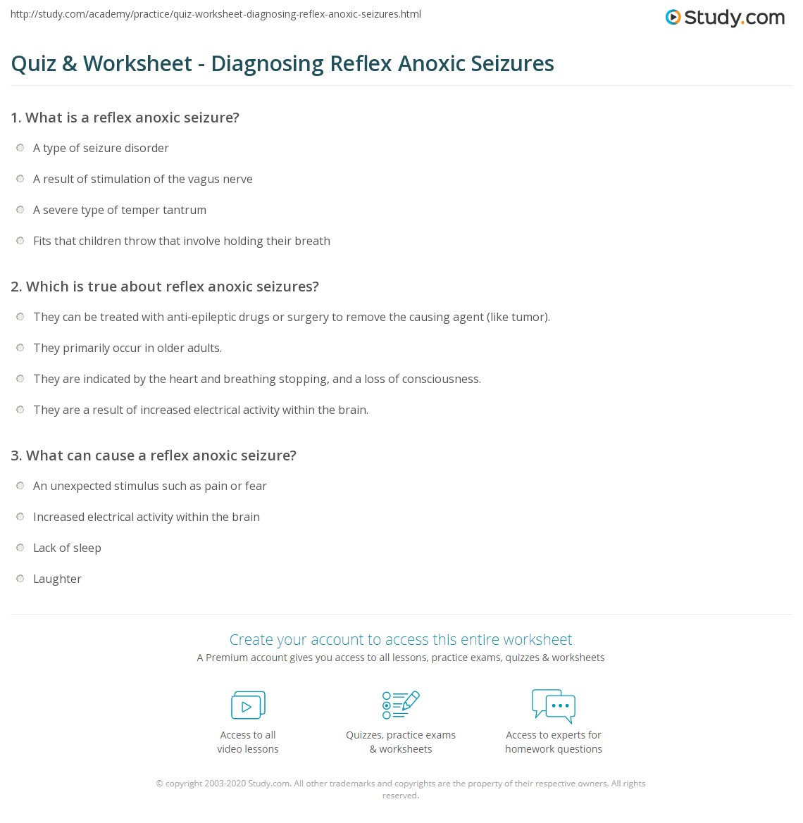 Quiz & Worksheet - Diagnosing Reflex Anoxic Seizures | Study.com