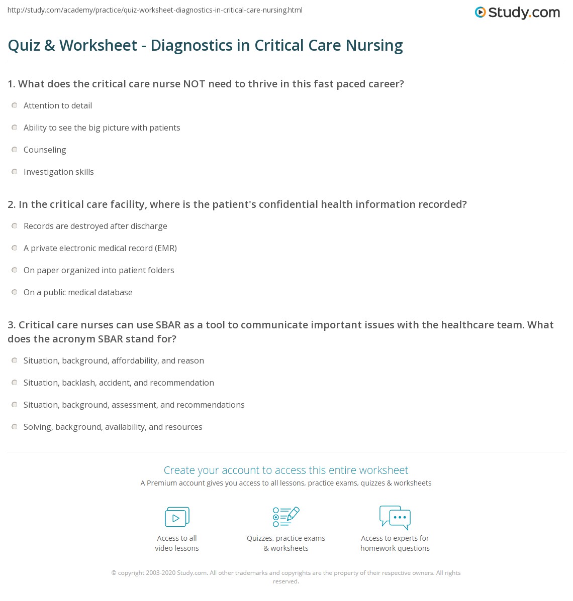 Quiz & Worksheet - Diagnostics in Critical Care Nursing | Study.com