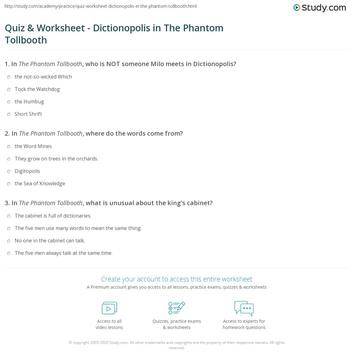 Quiz & Worksheet - Dictionopolis in The Phantom Tollbooth | Study.com