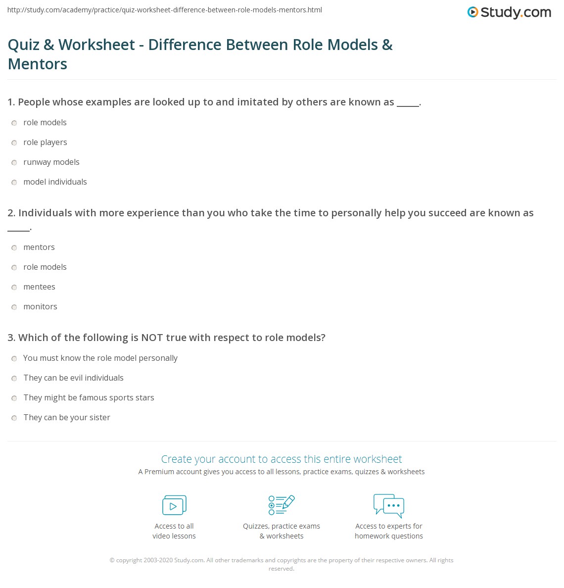 Quiz & Worksheet - Difference Between Role Models & Mentors | Study.com