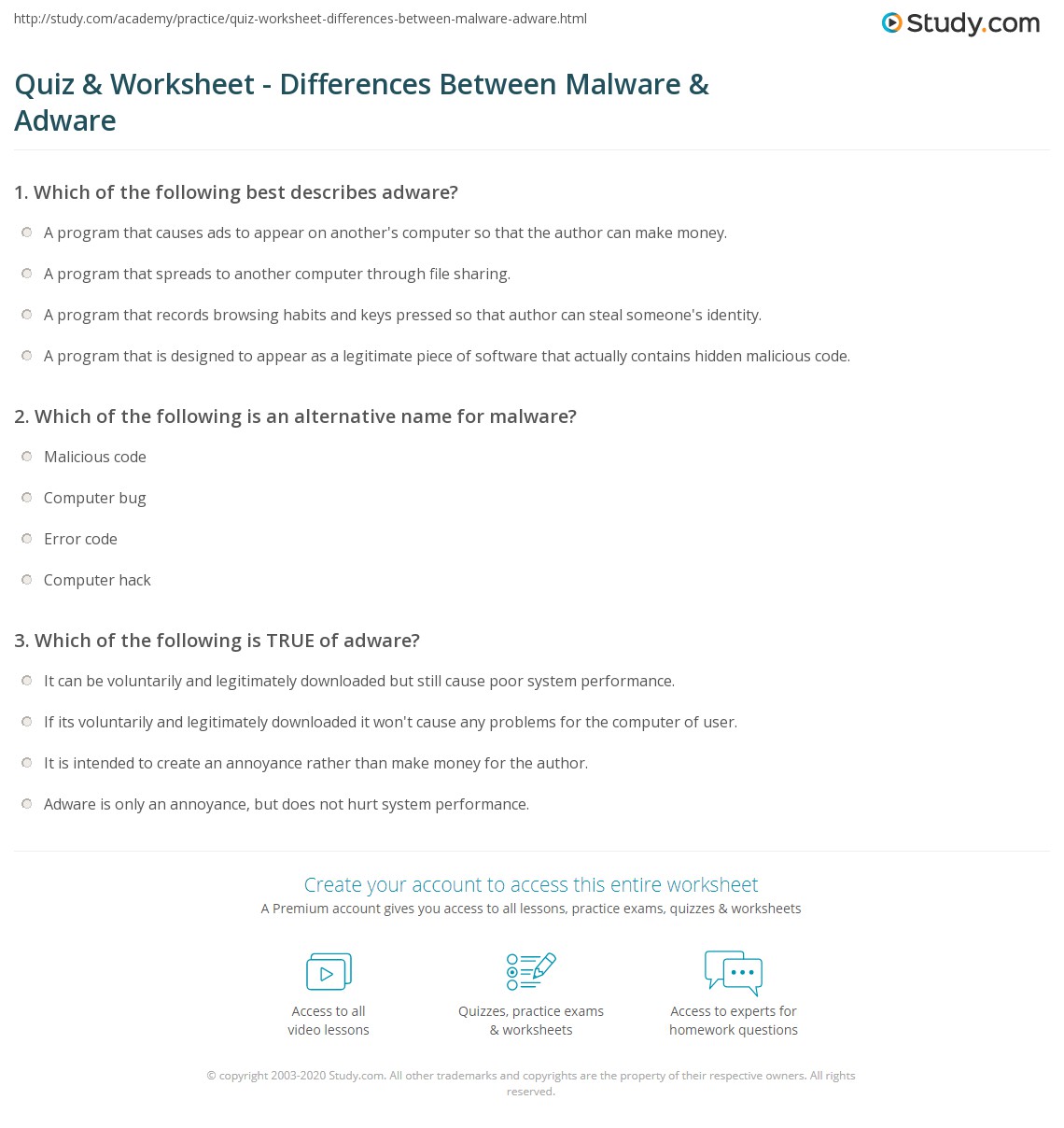 Quiz & Worksheet - Differences Between Malware & Adware | Study.com