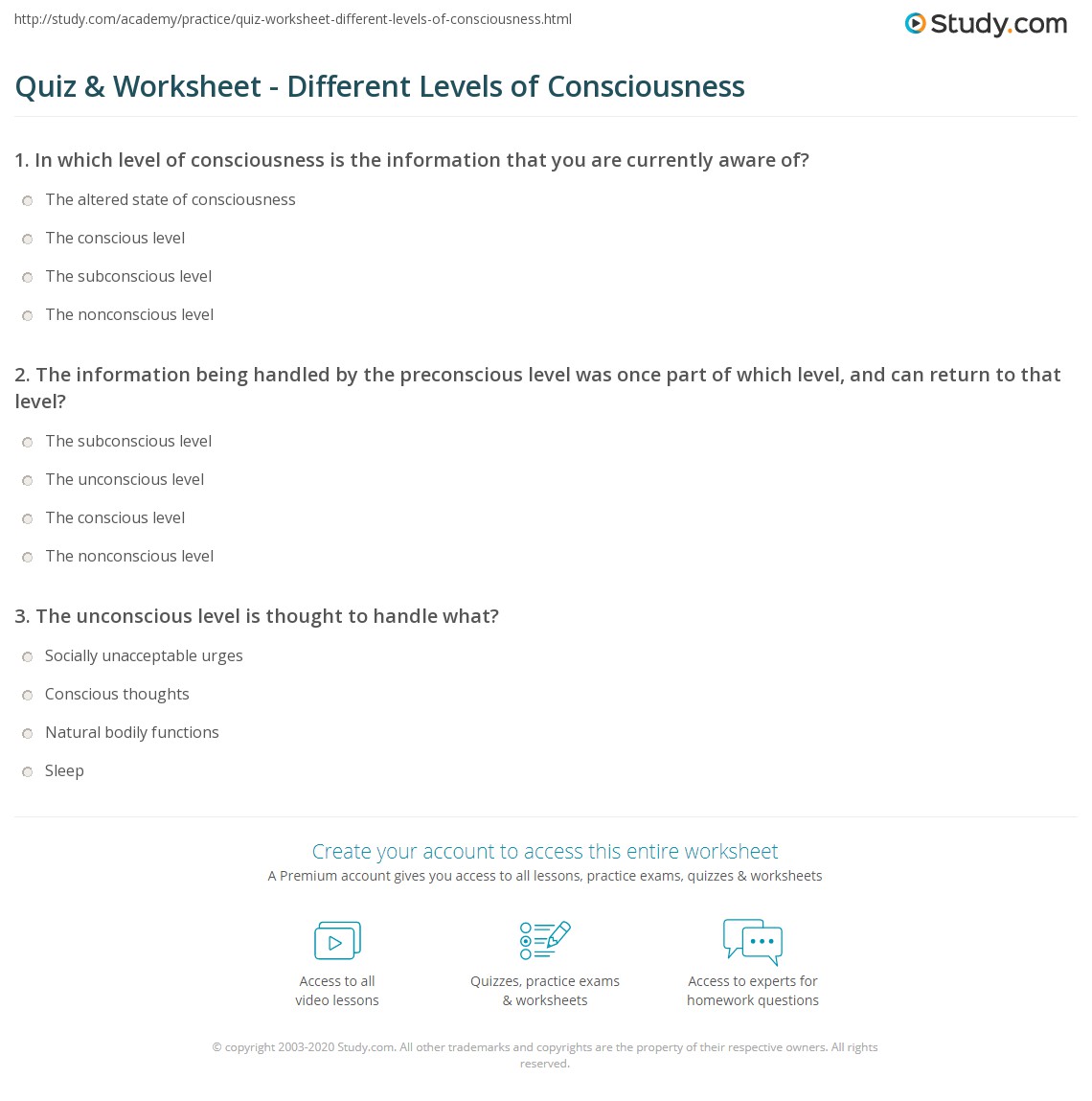 Quiz & Worksheet - Different Levels of Consciousness | Study.com