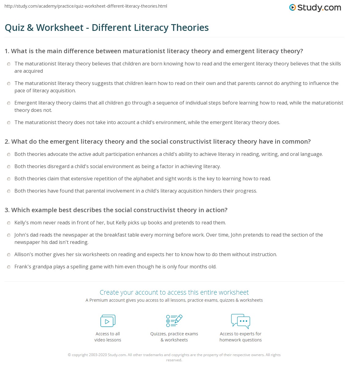 Quiz & Worksheet - Different Literacy Theories | Study.com