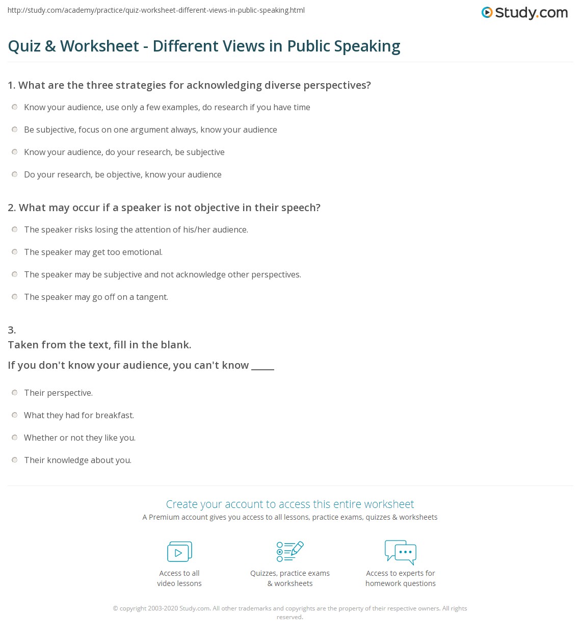 Quiz & Worksheet - Different Views in Public Speaking | Study.com