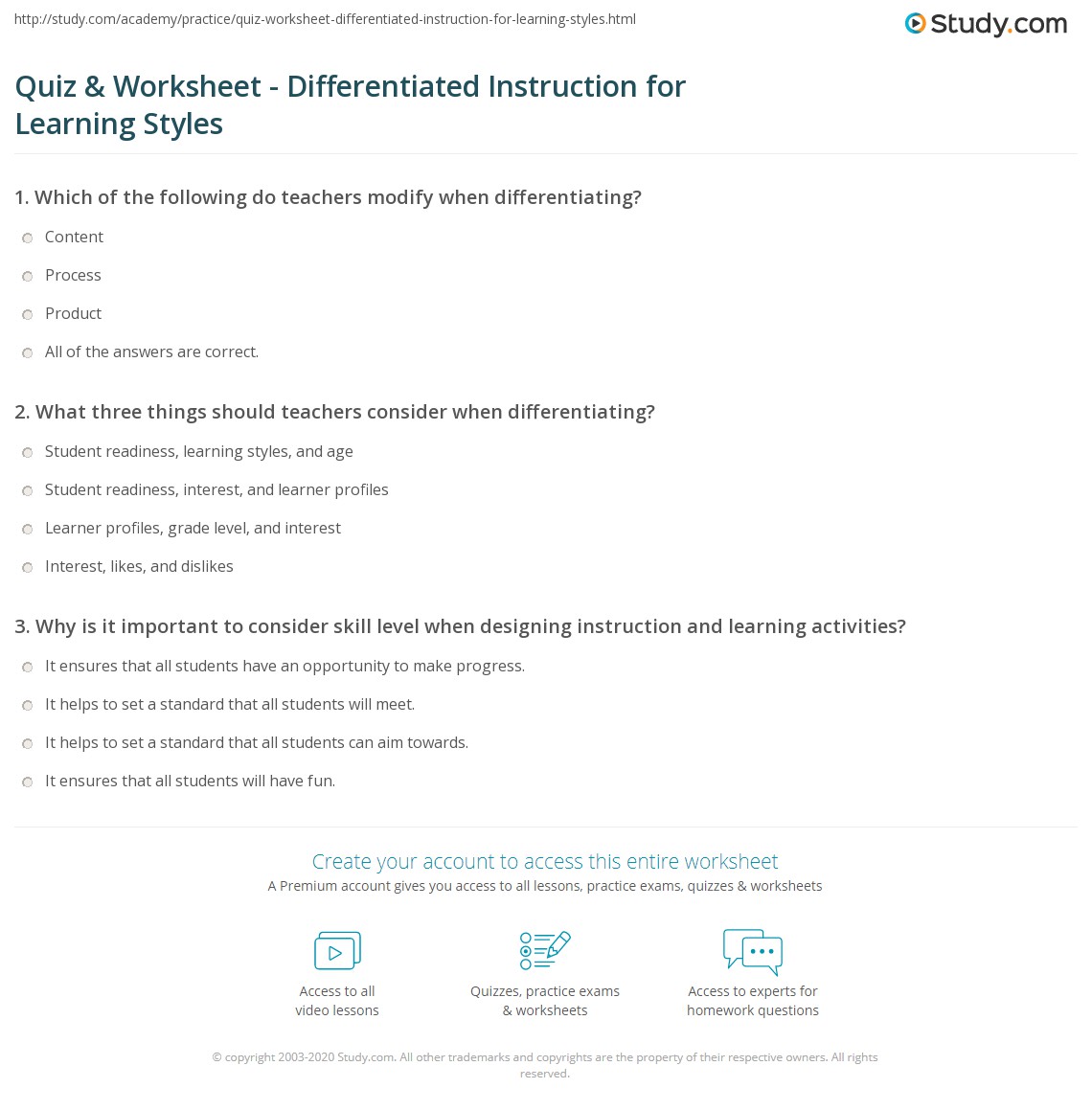Quiz & Worksheet - Differentiated Instruction for Learning Styles ...