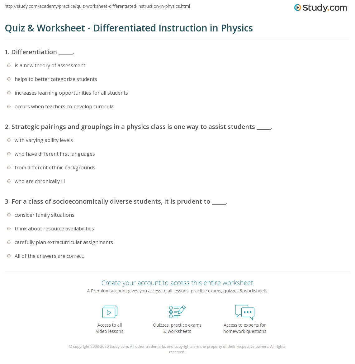 Quiz & Worksheet - Differentiated Instruction in Physics | Study.com