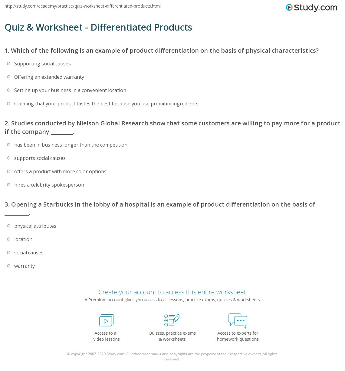 Quiz & Worksheet - Differentiated Products | Study.com