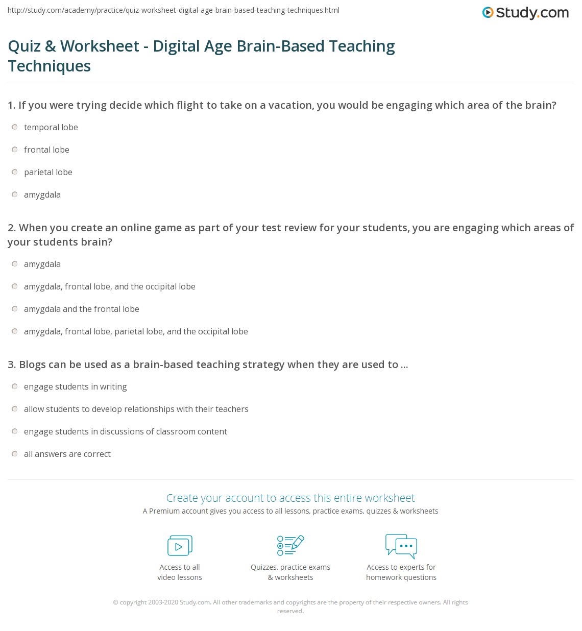 Quiz & Worksheet - Digital Age Brain-Based Teaching Techniques | Study.com