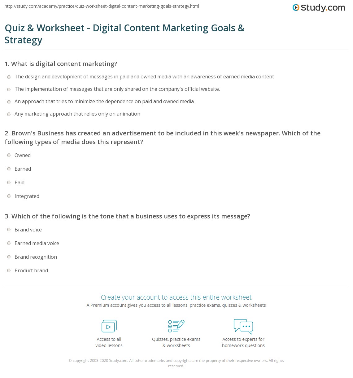 Quiz & Worksheet - Digital Content Marketing Goals & Strategy | Study.com