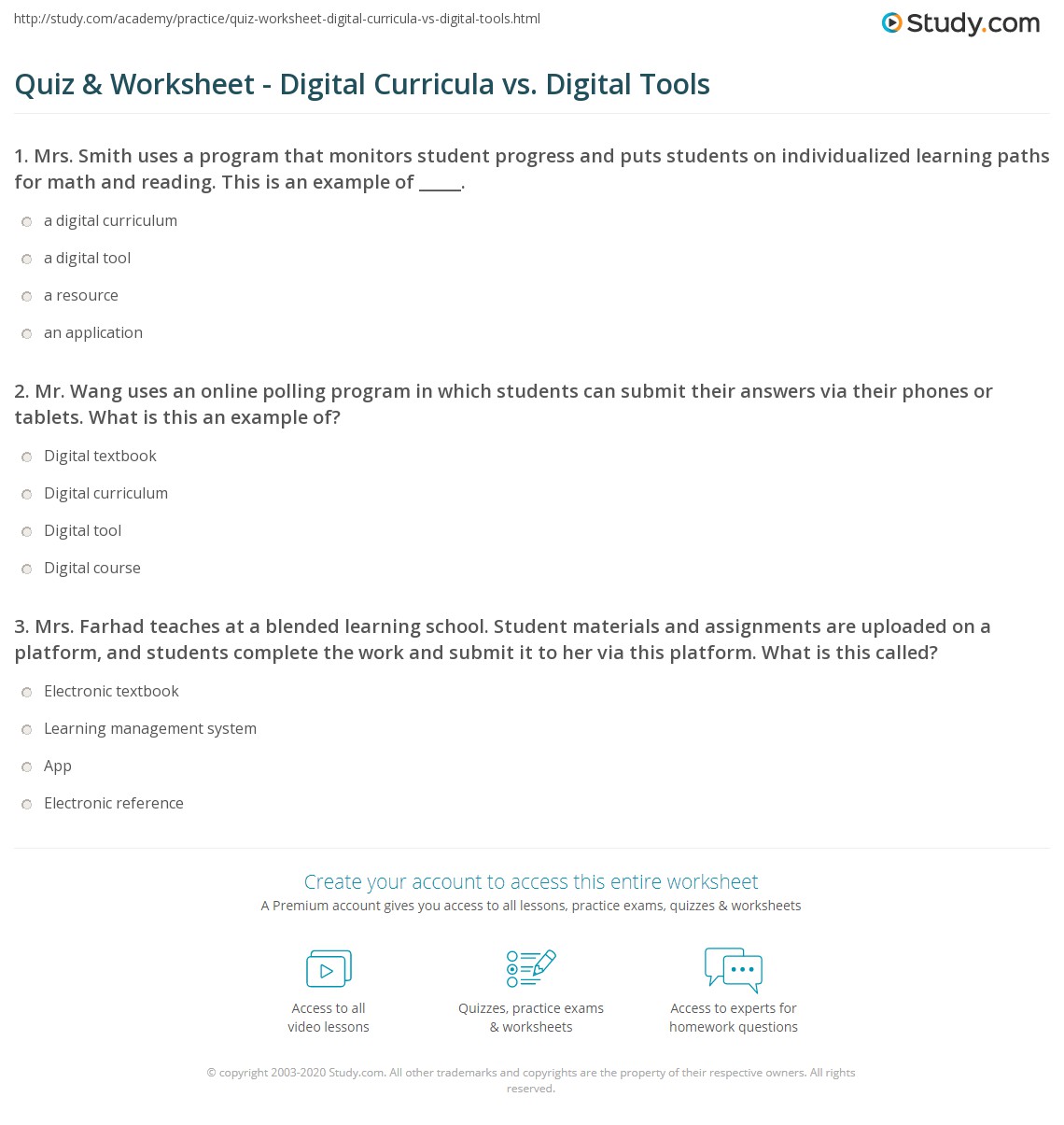 Quiz & Worksheet - Digital Curricula vs. Digital Tools | Study.com