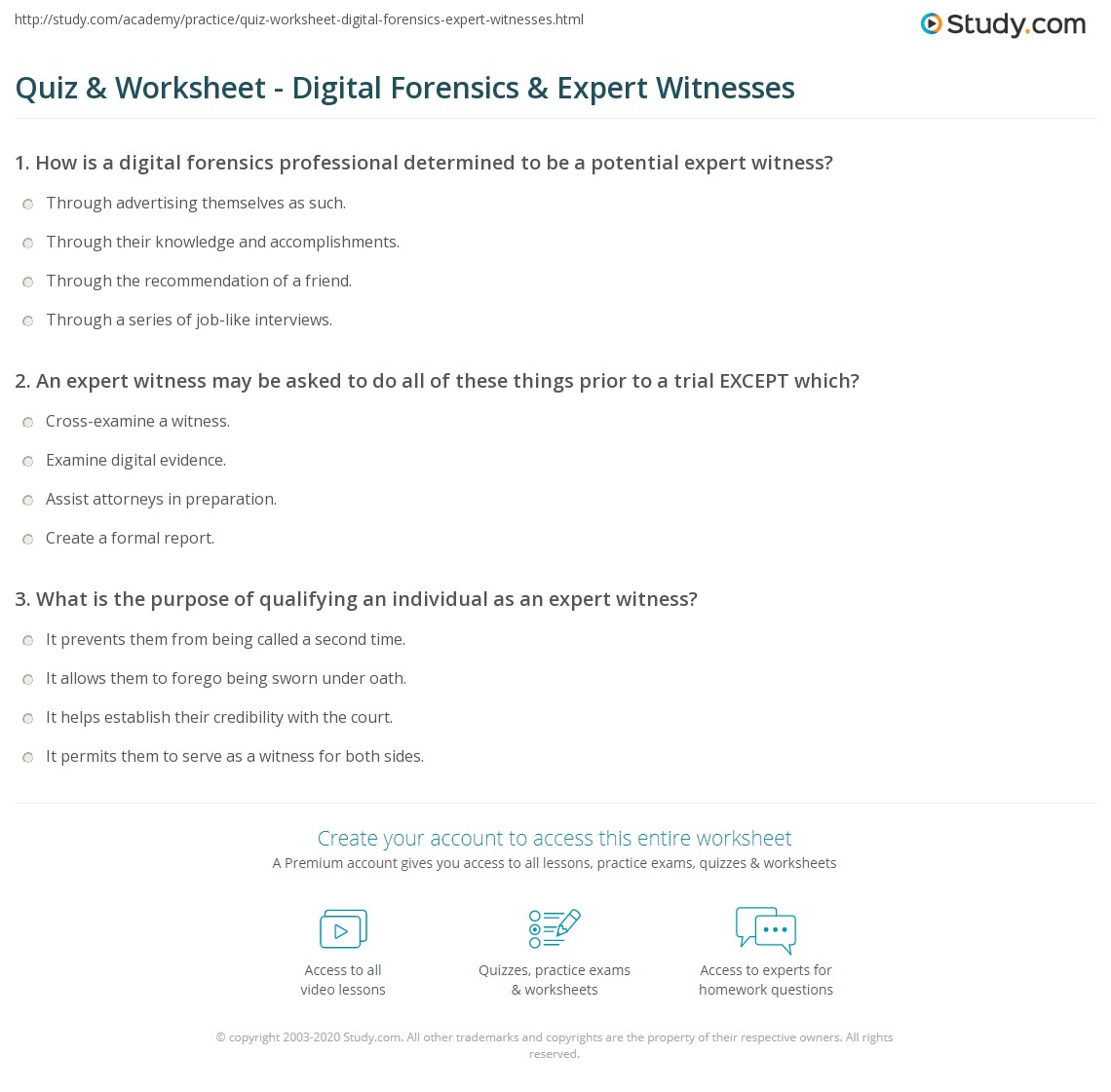 Quiz & Worksheet - Digital Forensics & Expert Witnesses | Study.com