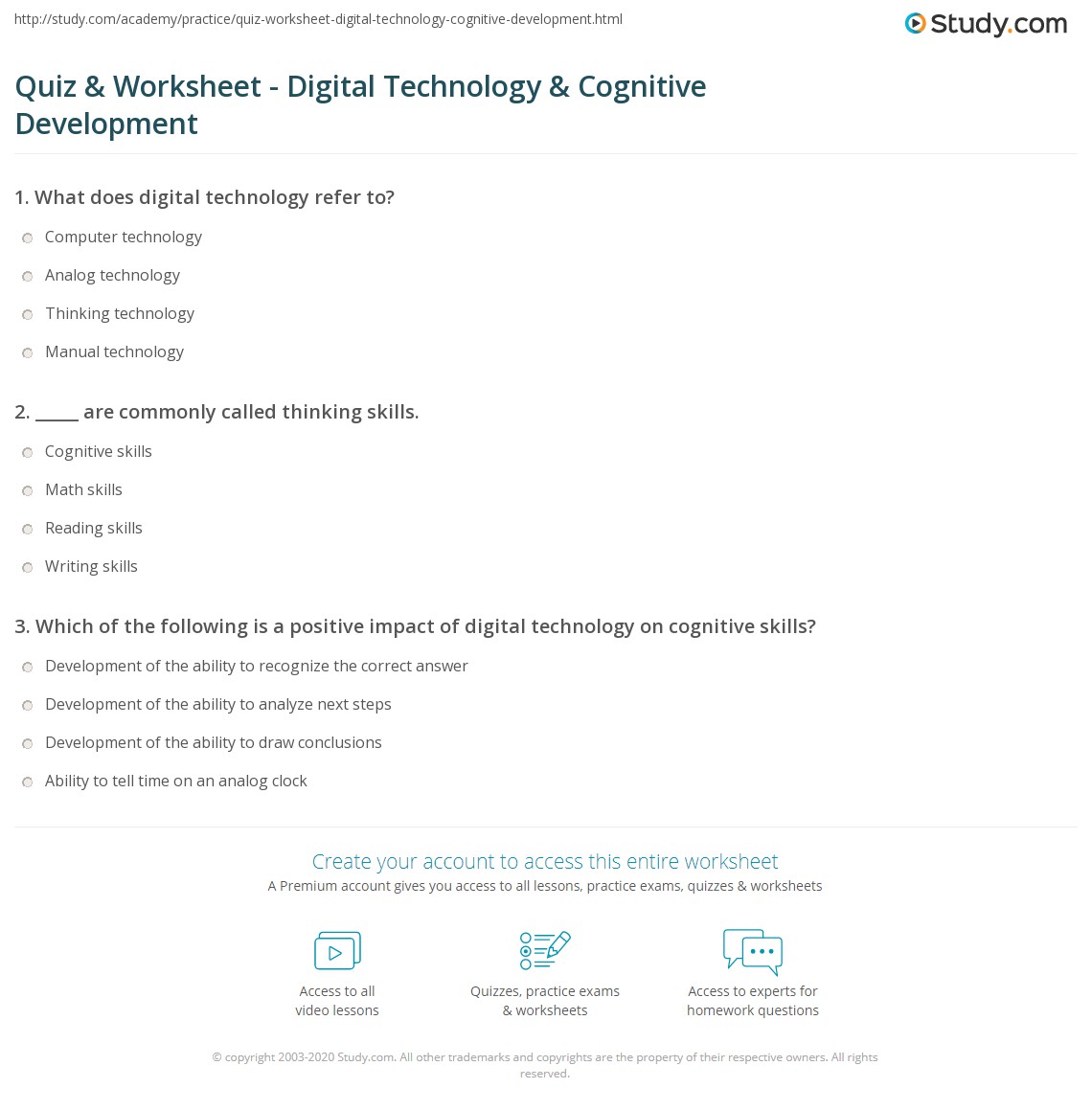 Quiz & Worksheet - Digital Technology & Cognitive Development | Study.com