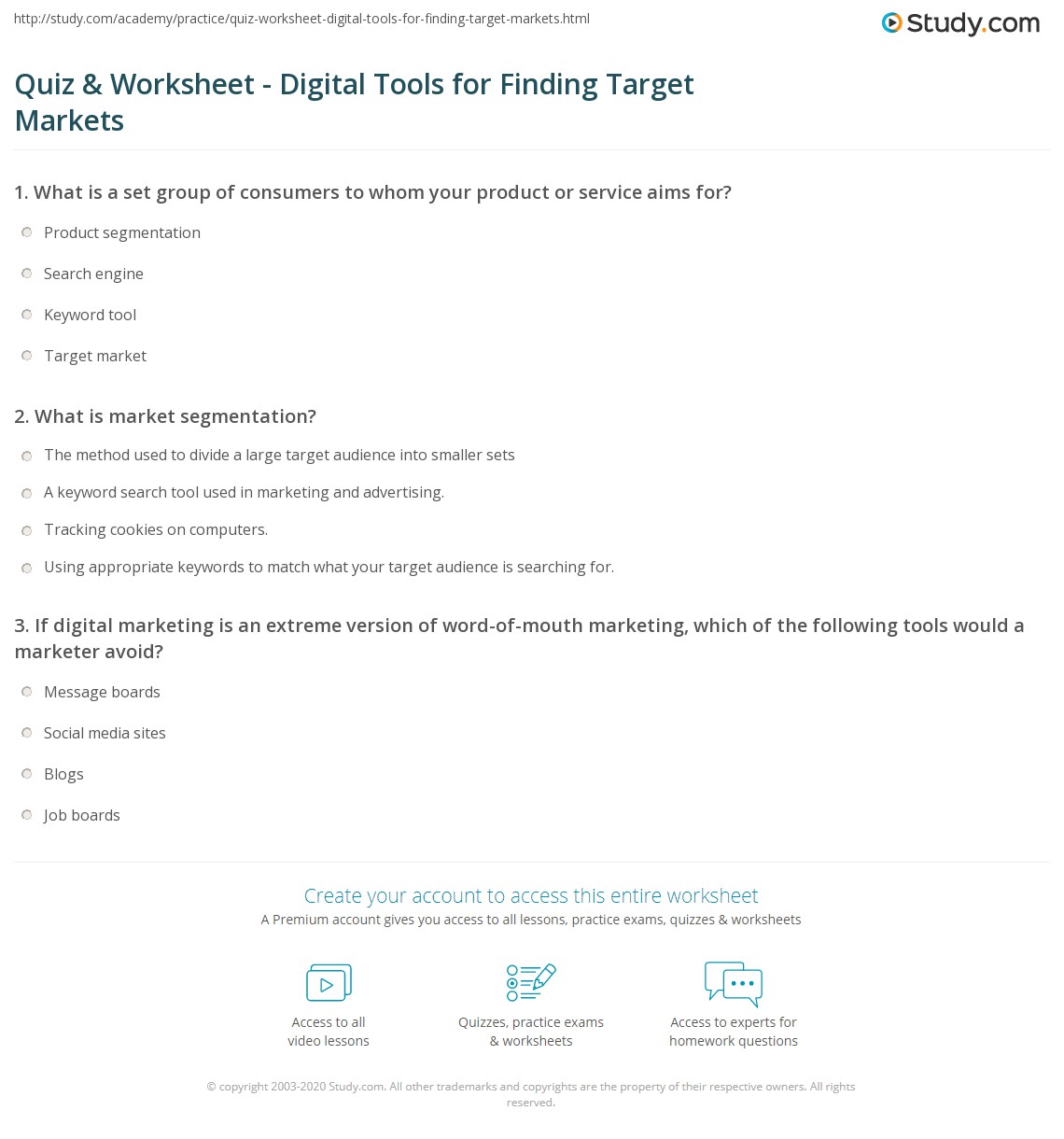 Quiz & Worksheet - Digital Tools for Finding Target Markets | Study.com