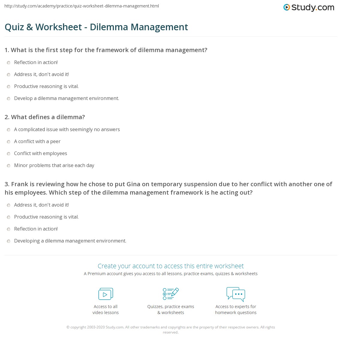 Quiz & Worksheet - Dilemma Management | Study.com