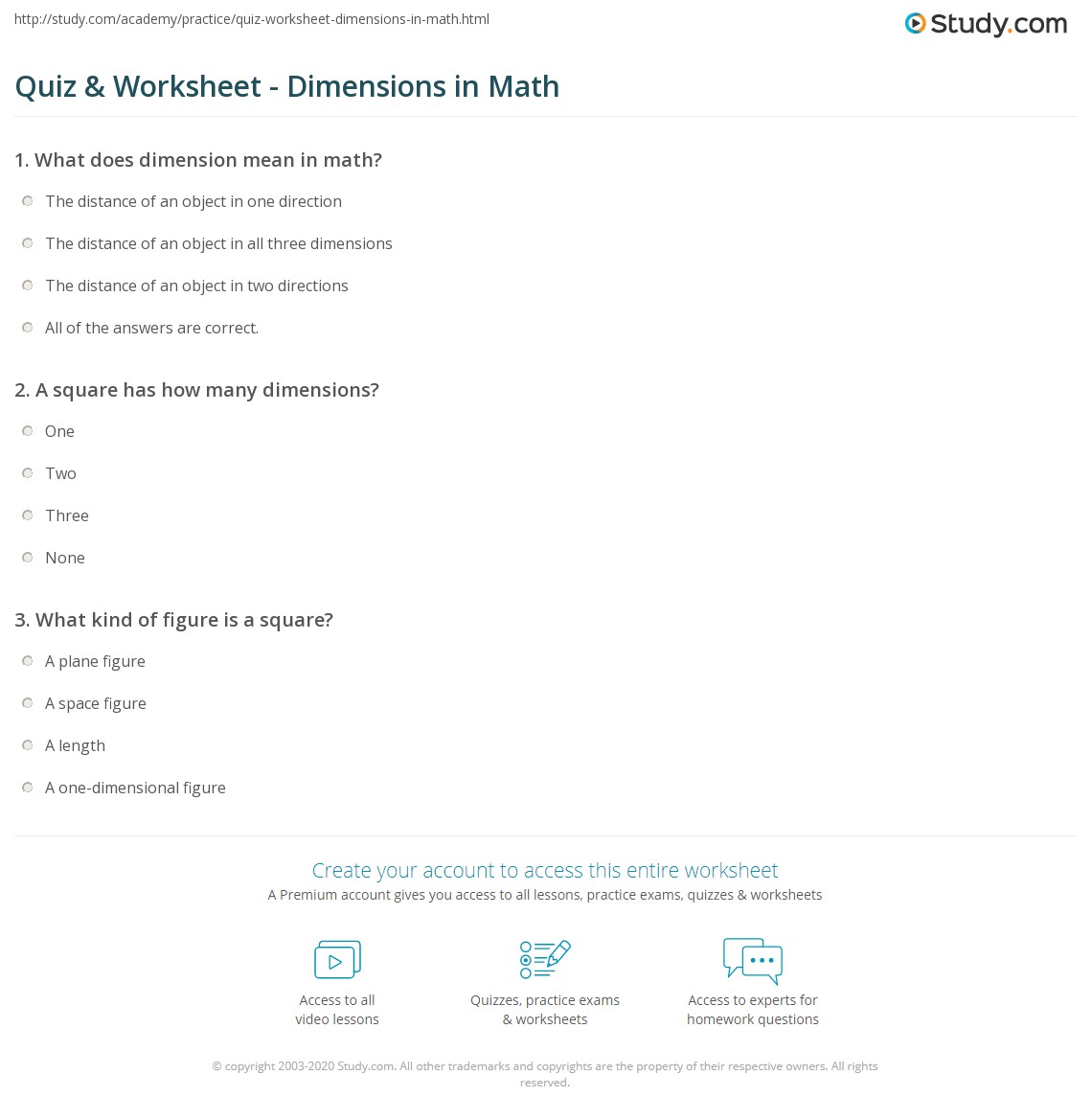 Quiz & Worksheet - Dimensions in Math | Study.com