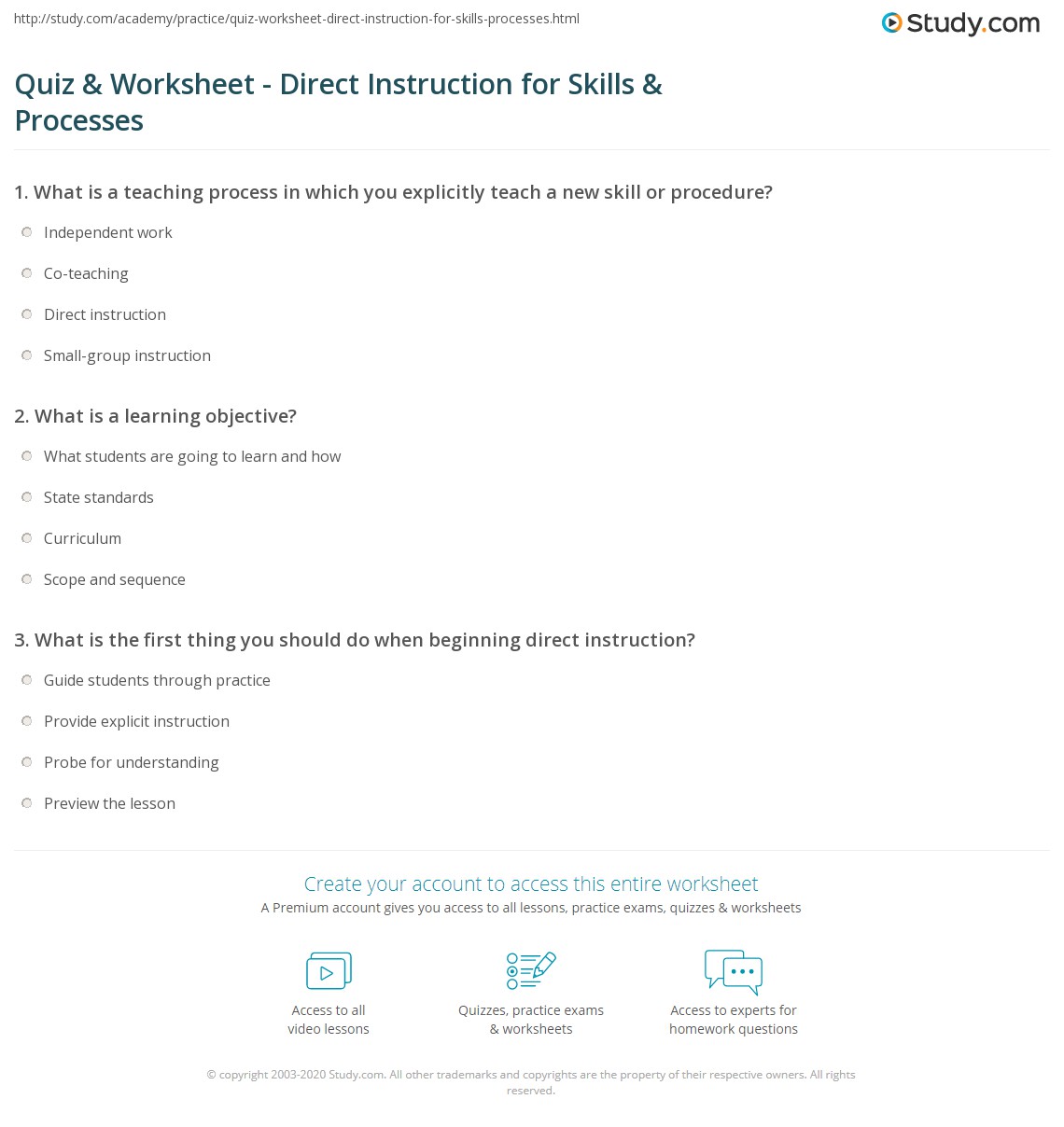 Quiz & Worksheet - Direct Instruction for Skills & Processes | Study.com