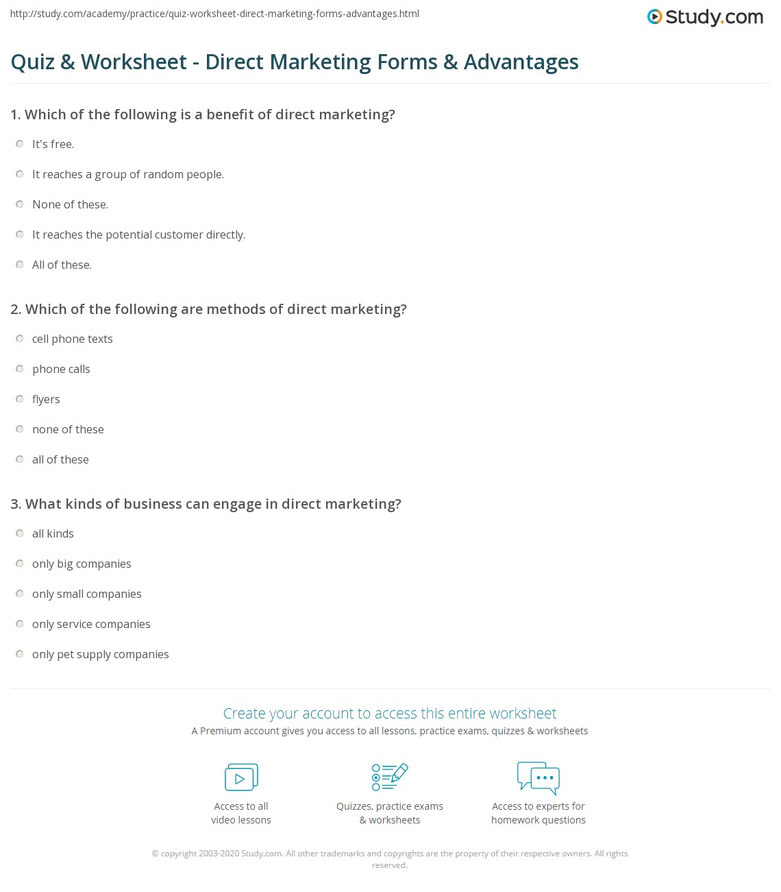 Quiz & Worksheet - Direct Marketing Forms & Advantages | Study.com