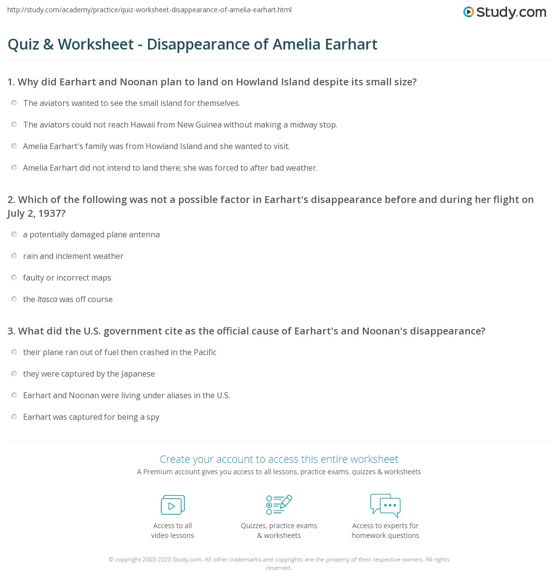 Quiz & Worksheet - Disappearance of Amelia Earhart | Study.com