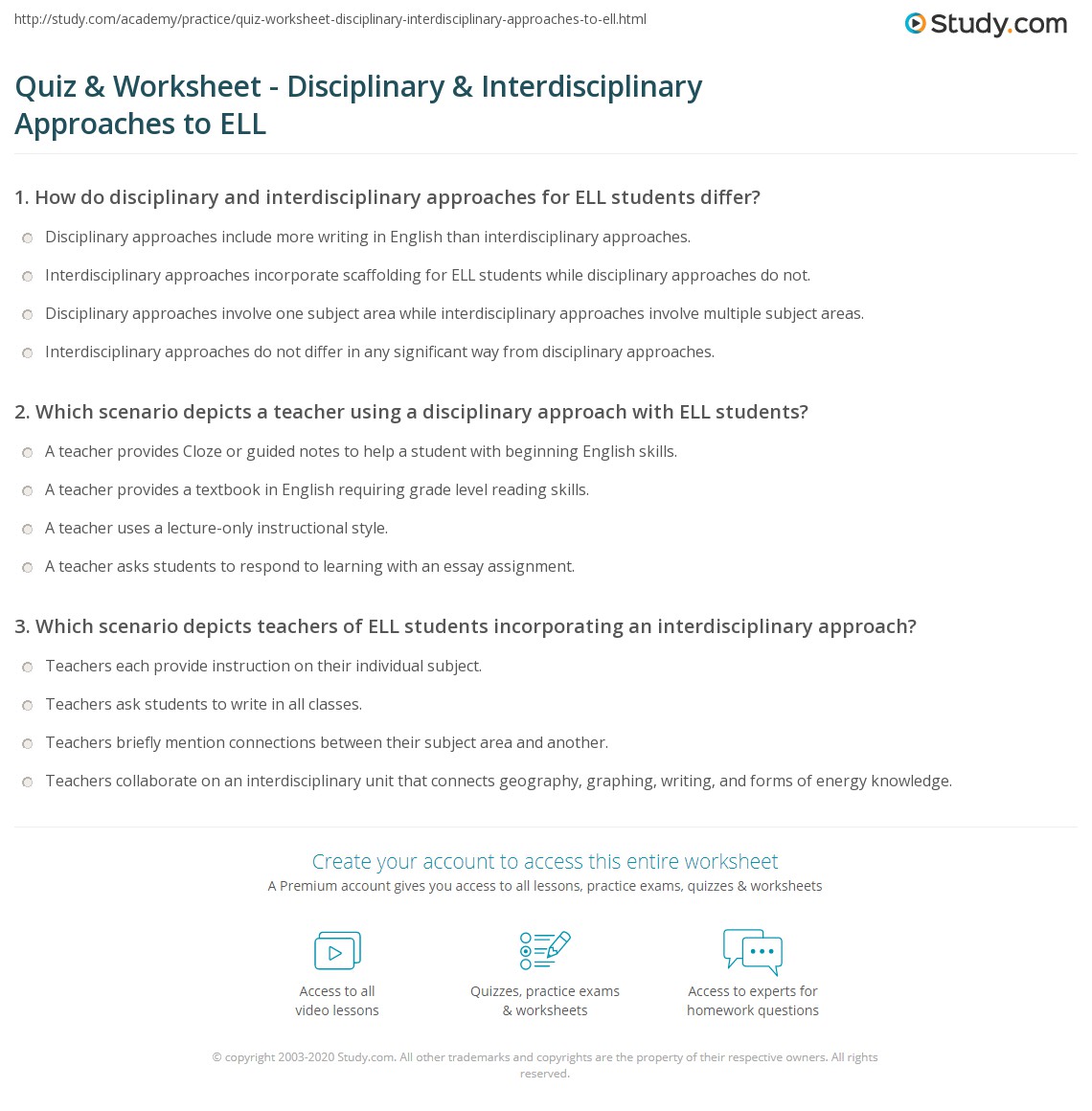 Quiz & Worksheet - Disciplinary & Interdisciplinary Approaches to ELL ...