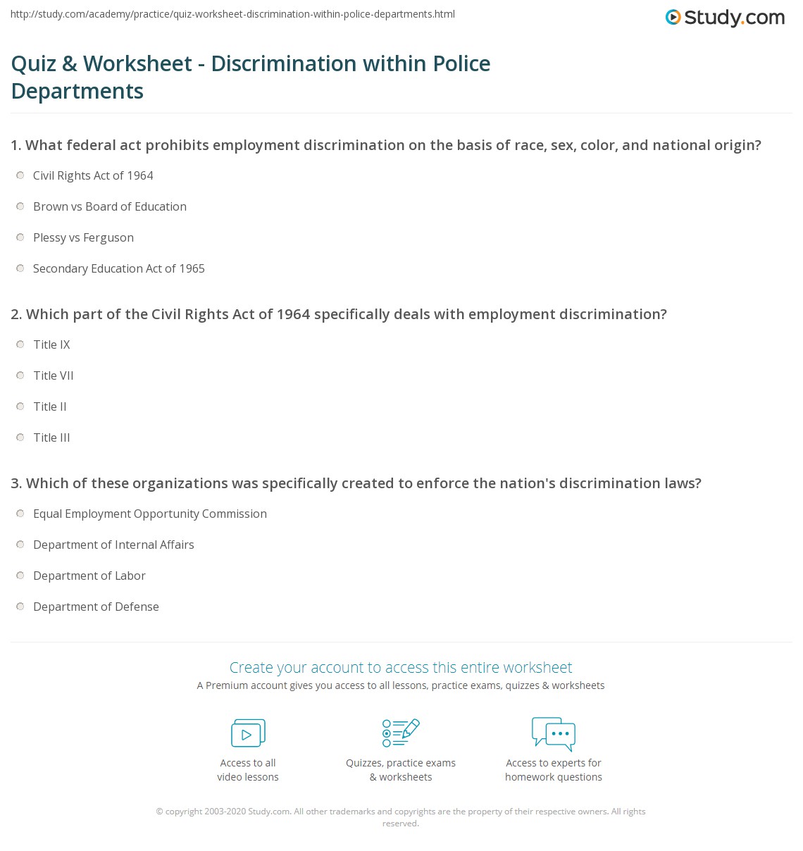 Quiz & Worksheet - Discrimination within Police Departments | Study.com