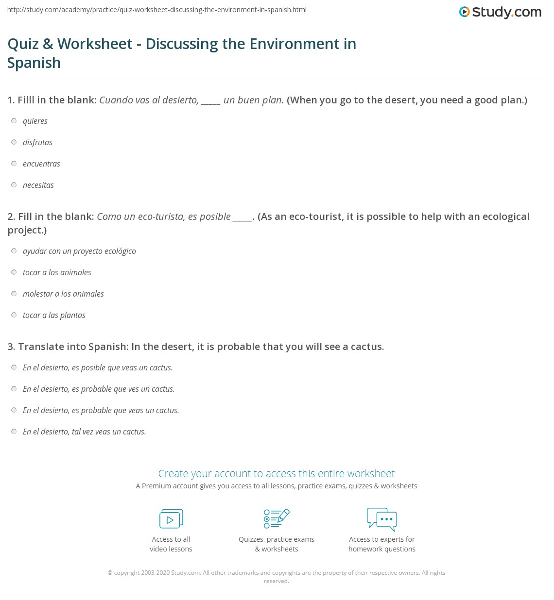Quiz & Worksheet - Discussing the Environment in Spanish | Study.com