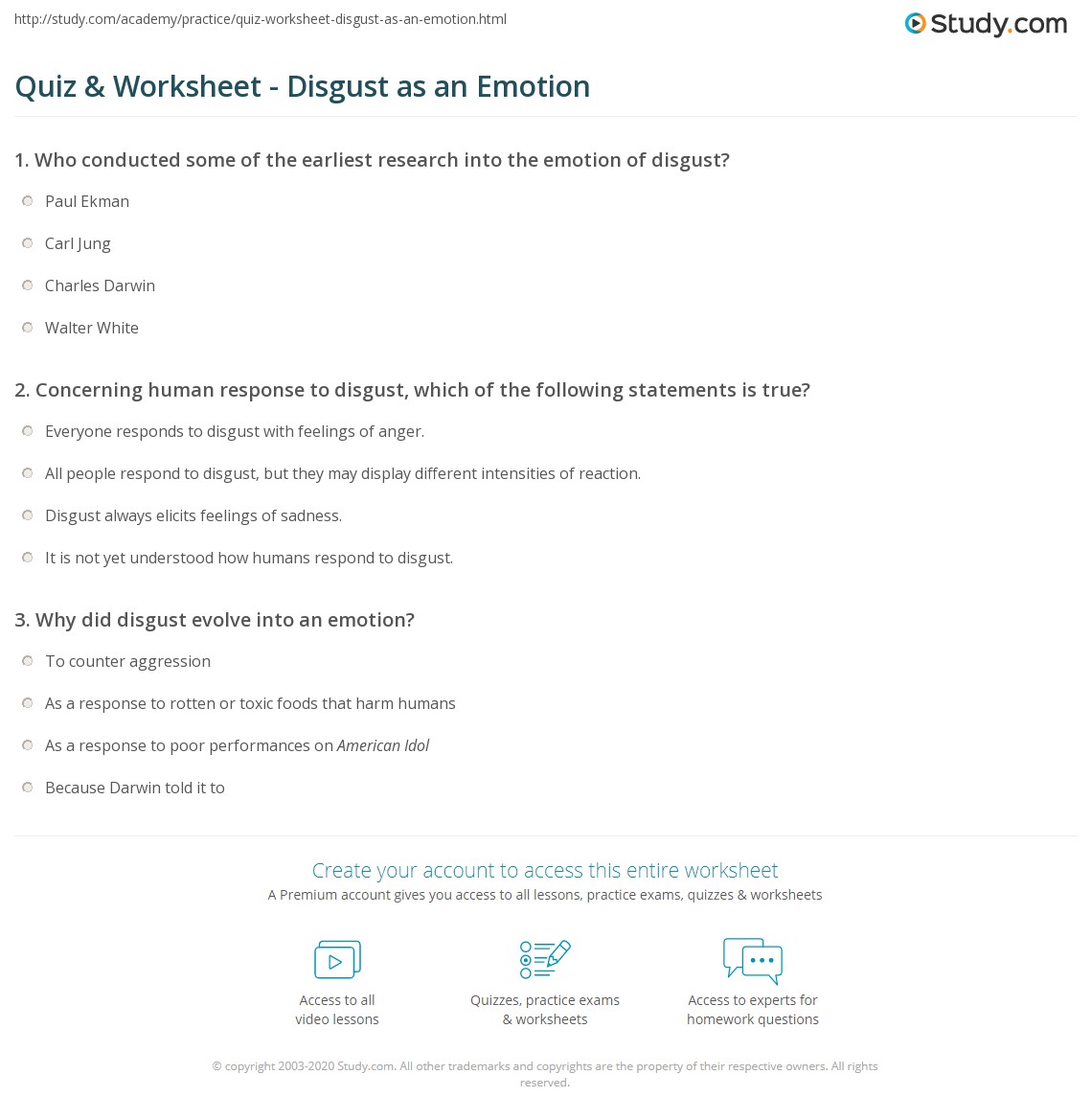 Quiz & Worksheet - Disgust as an Emotion | Study.com