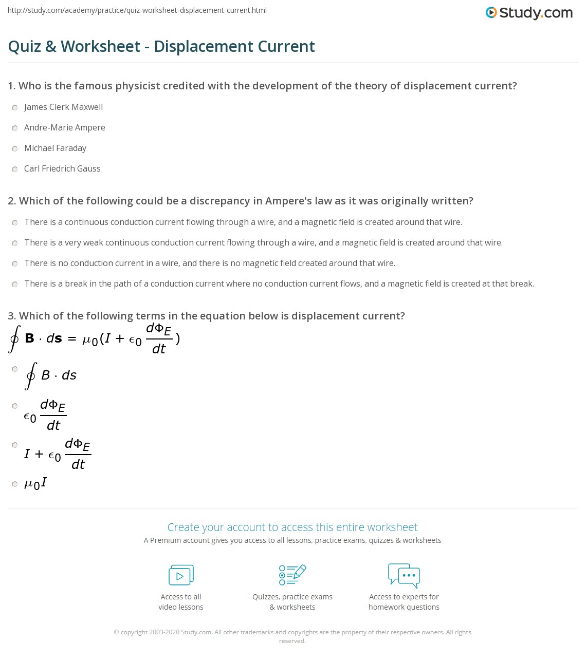 Quiz & Worksheet - Displacement Current | Study.com