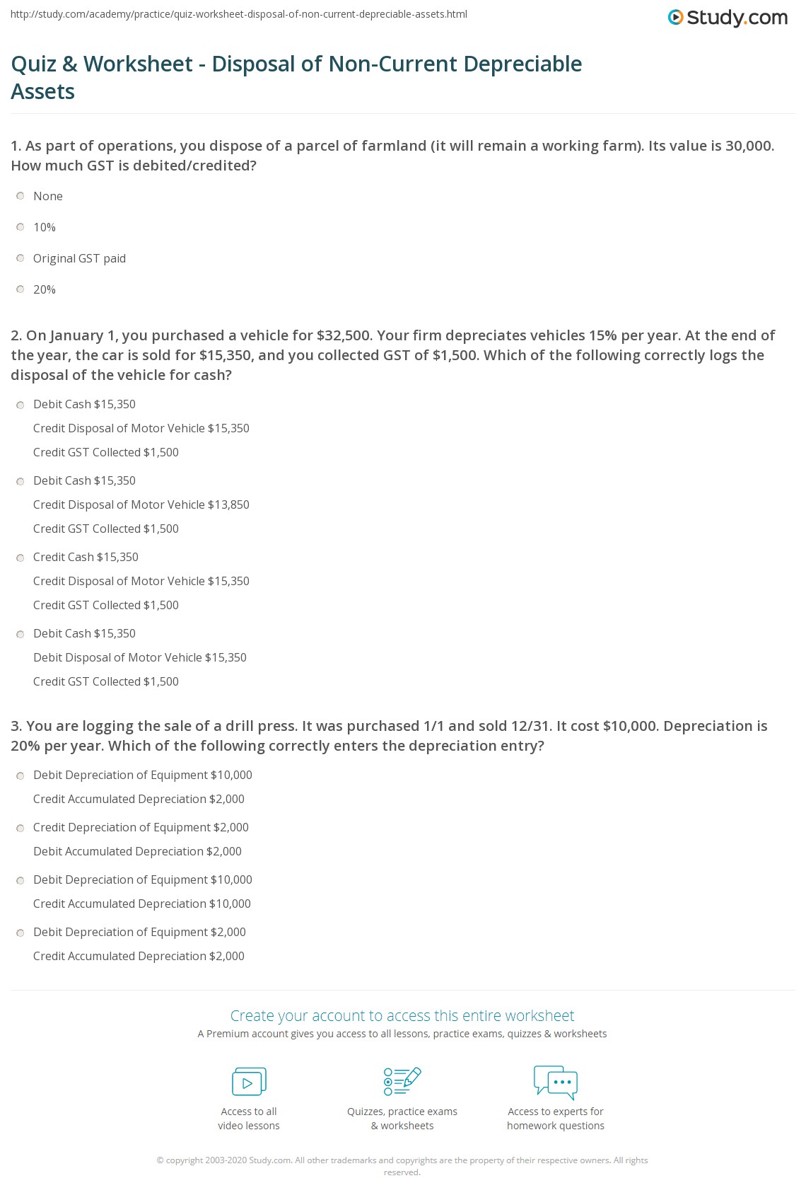 Quiz & Worksheet - Disposal of Non-Current Depreciable Assets | Study.com