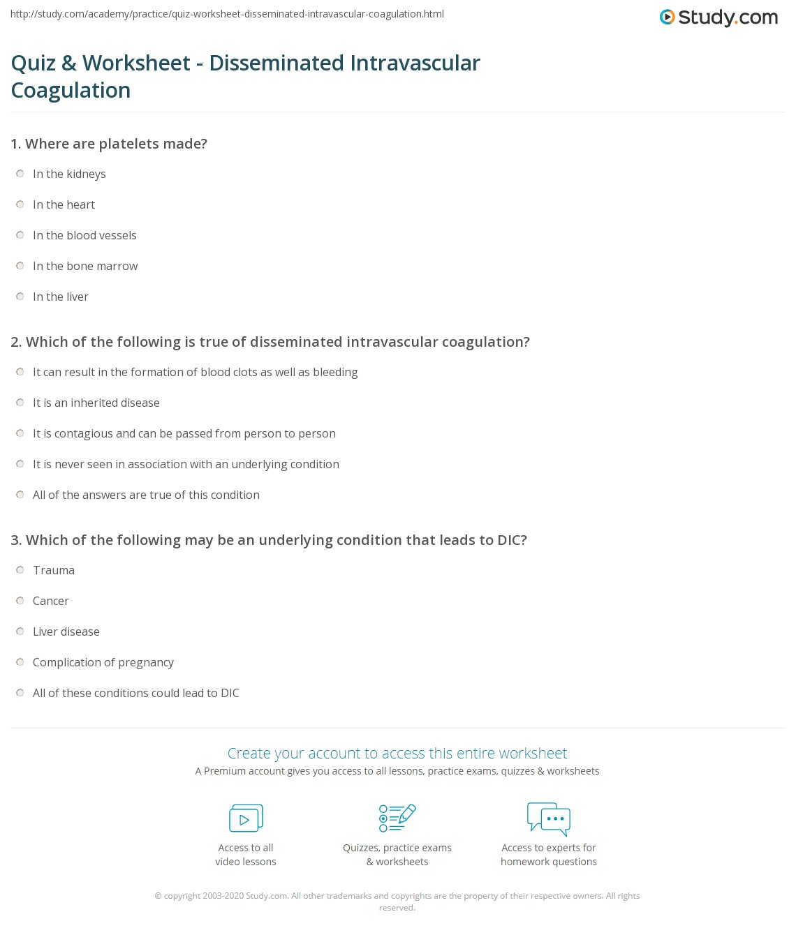 Quiz & Worksheet - Disseminated Intravascular Coagulation | Study.com