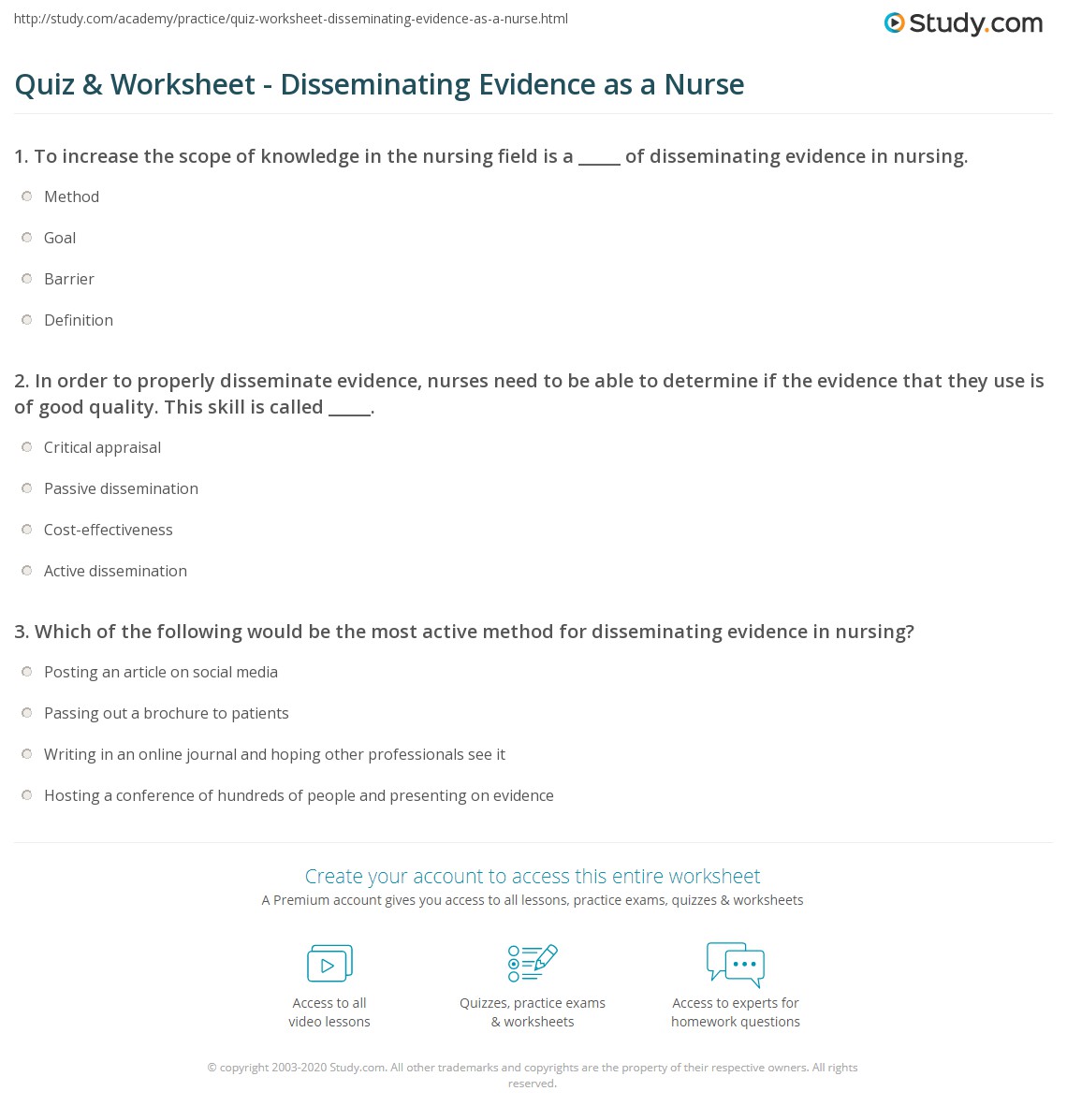 Quiz & Worksheet - Disseminating Evidence as a Nurse | Study.com
