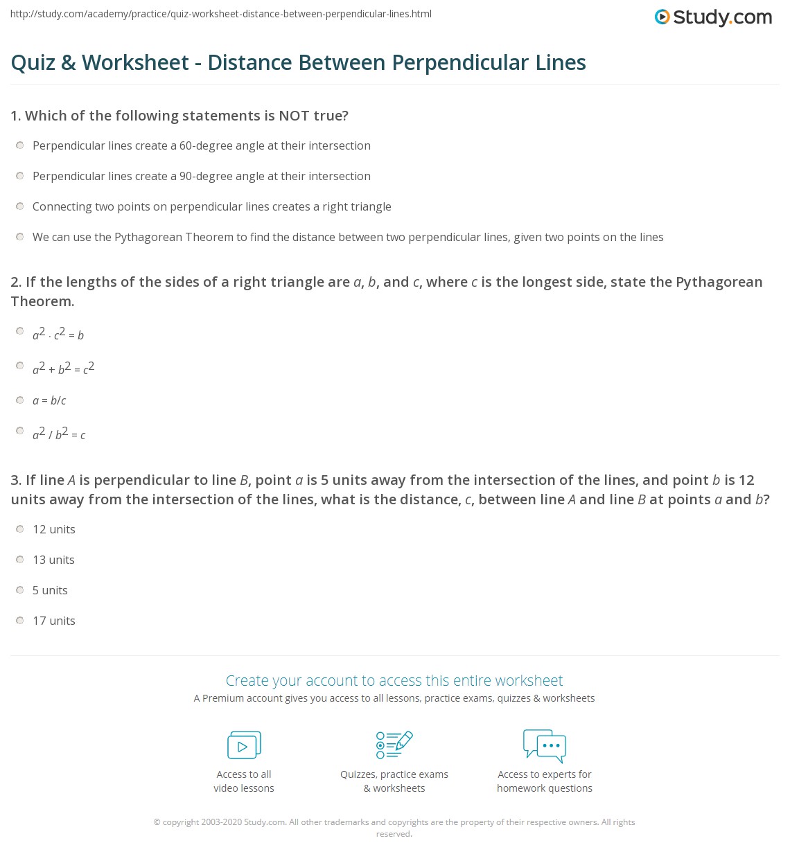 Quiz & Worksheet - Distance Between Perpendicular Lines | Study.com