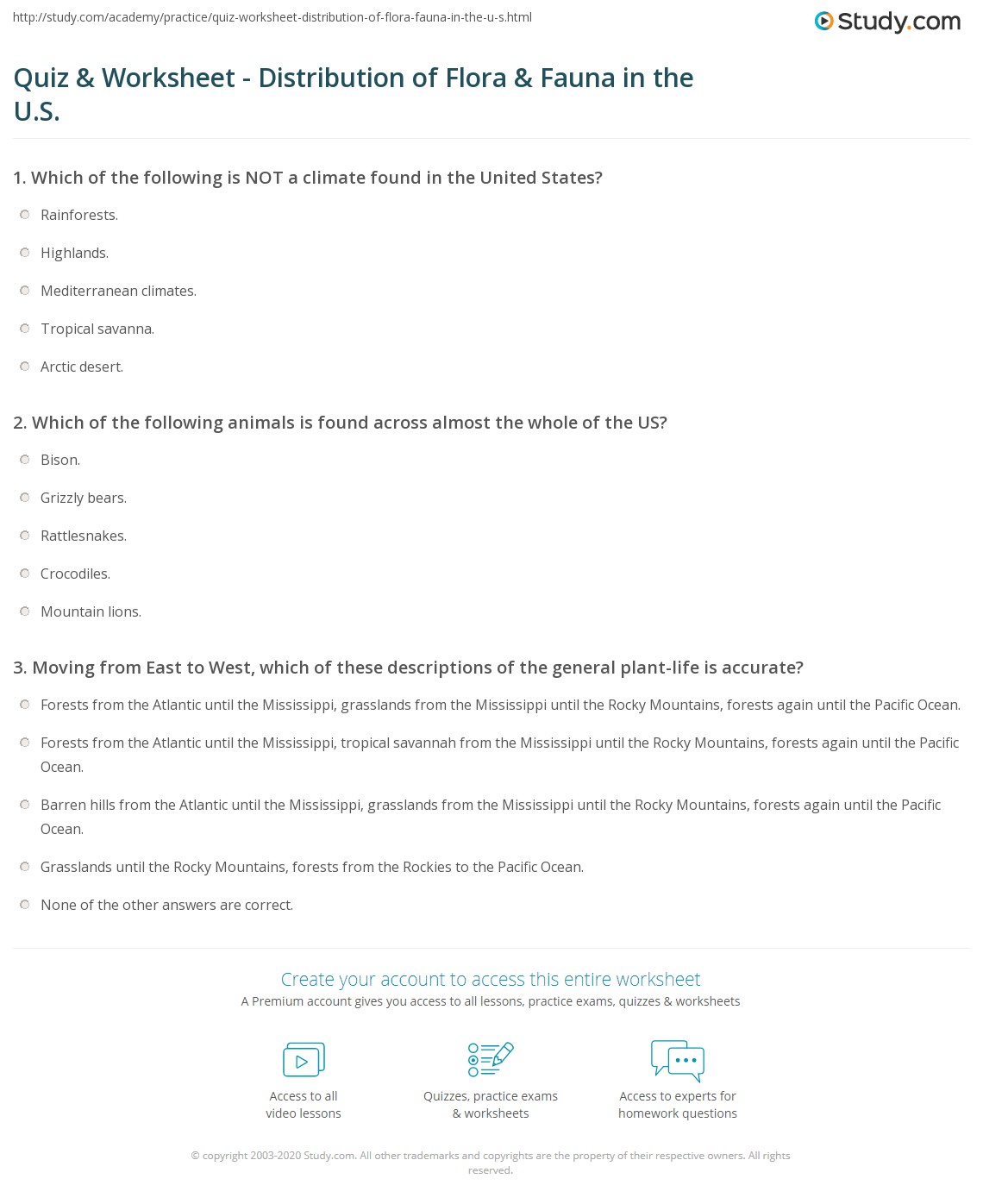 Quiz & Worksheet - Distribution of Flora & Fauna in the U.S. | Study.com