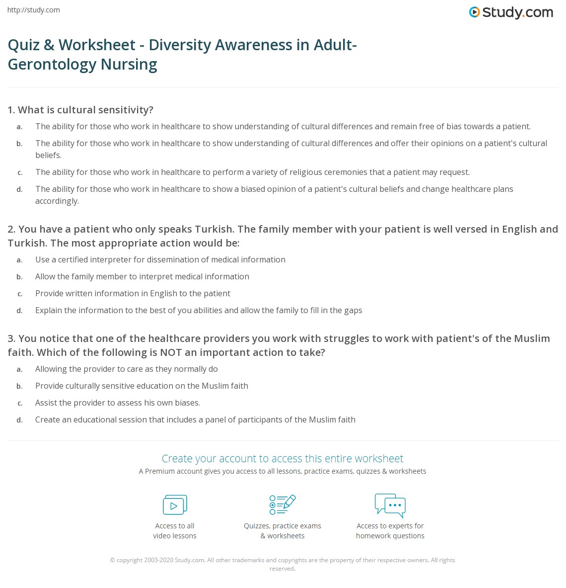 Quiz & Worksheet - Diversity Awareness in Adult-Gerontology Nursing ...