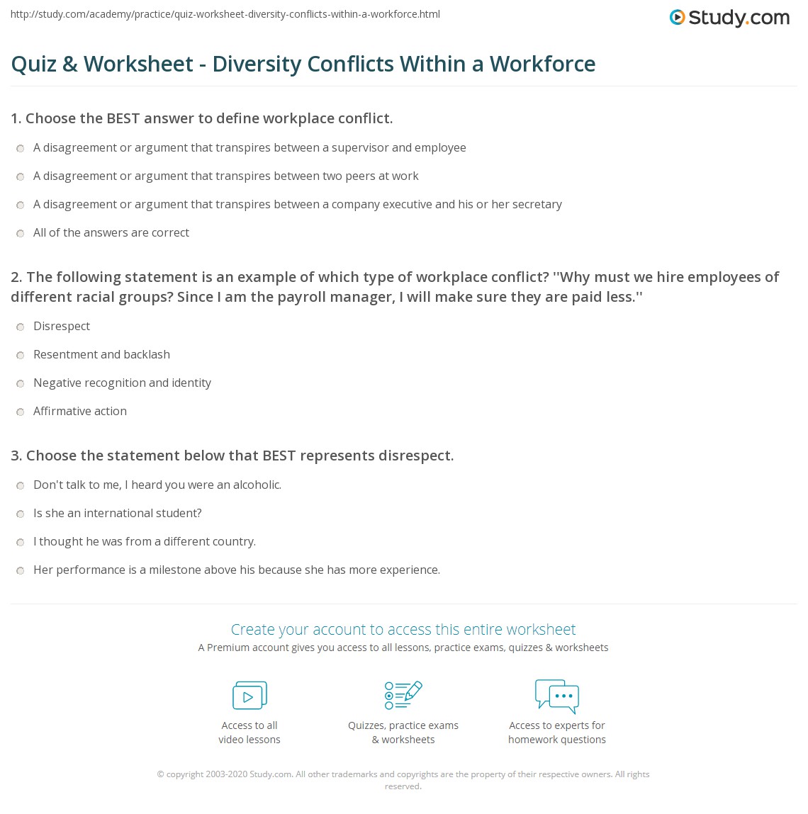 Quiz & Worksheet - Diversity Conflicts Within a Workforce | Study.com