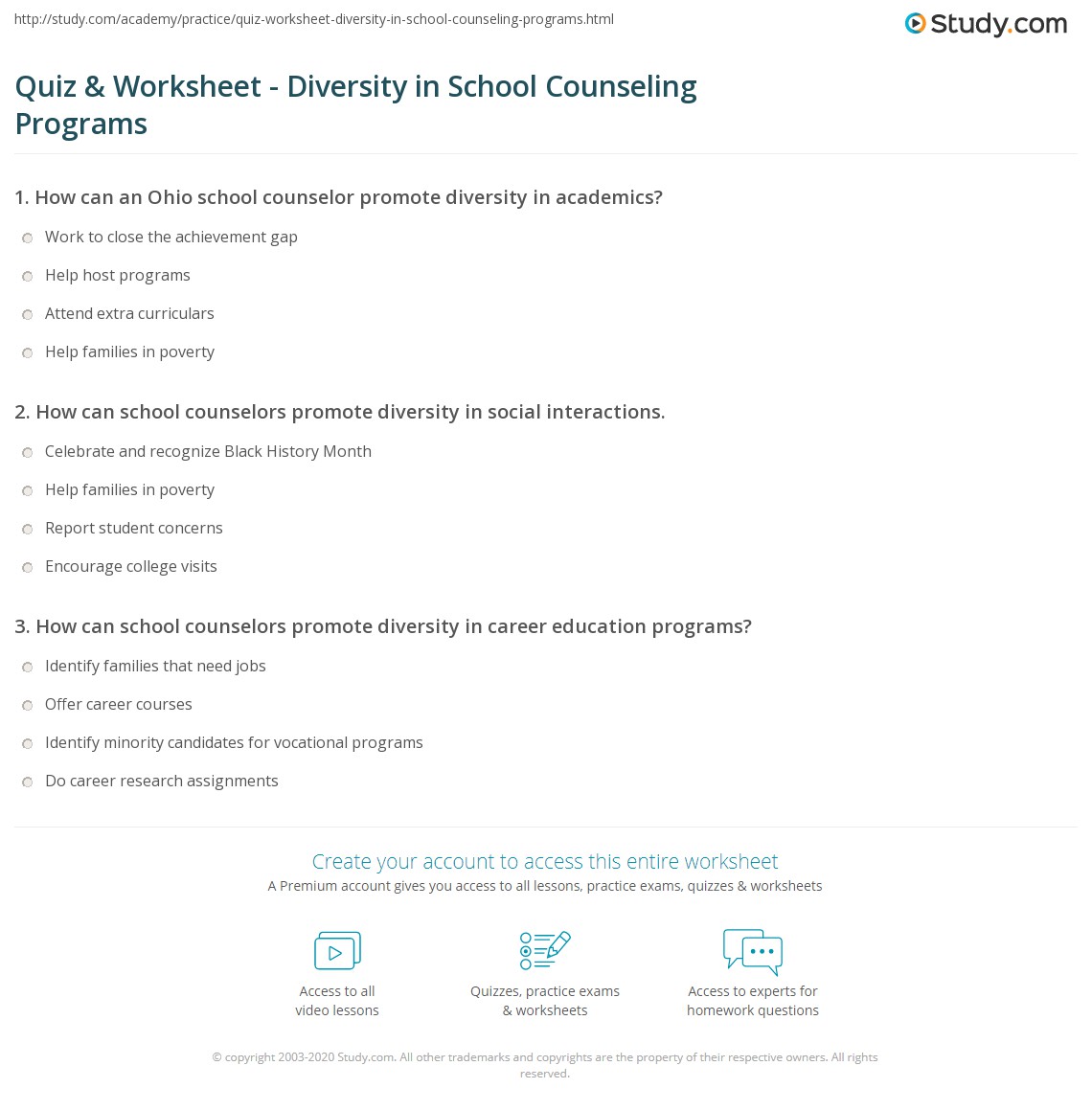 Quiz & Worksheet - Diversity in School Counseling Programs | Study.com