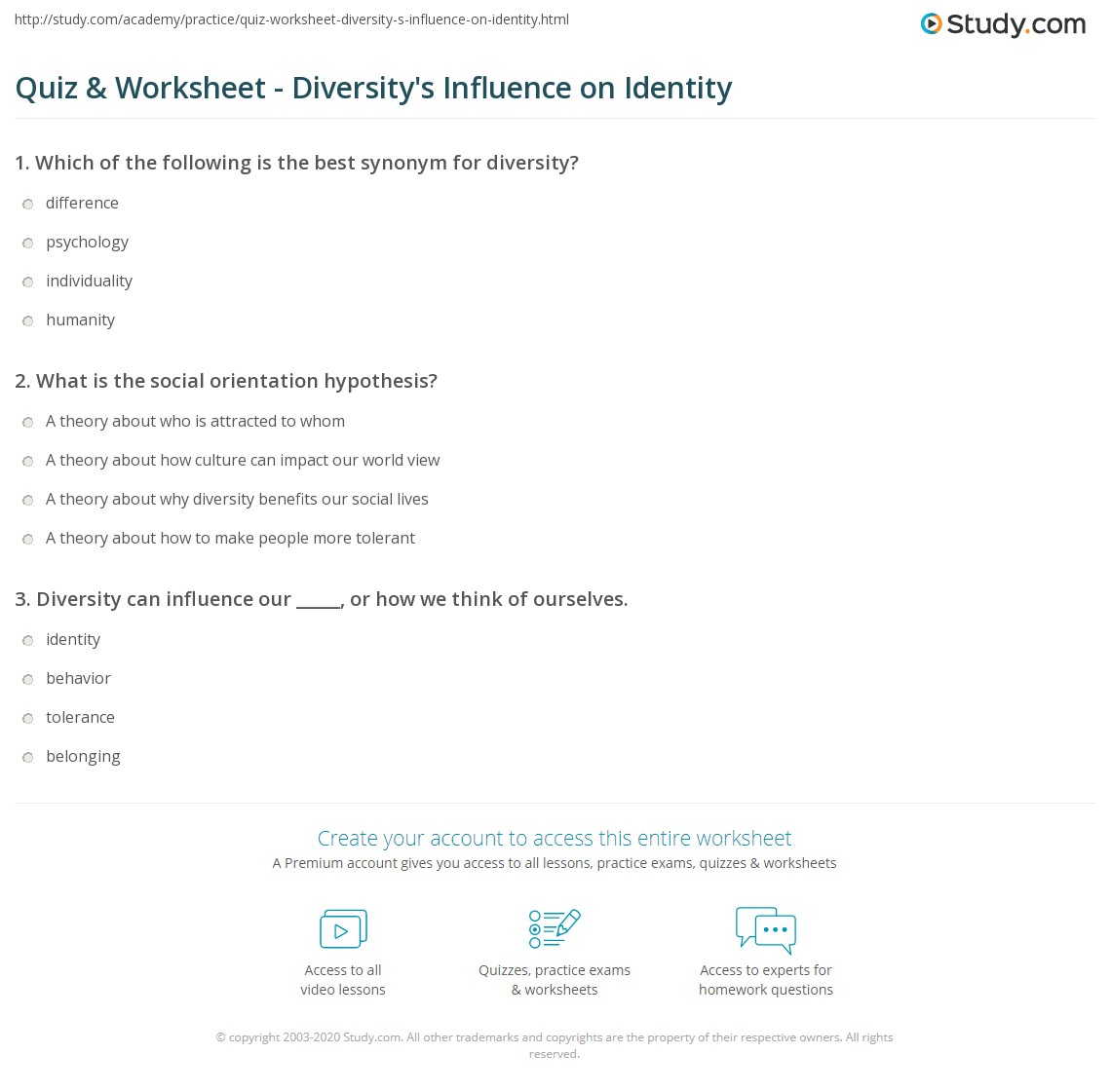 Quiz & Worksheet - Diversity's Influence on Identity | Study.com