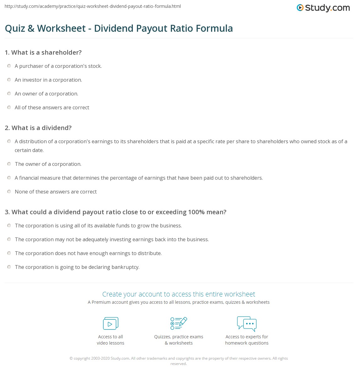 Quiz & Worksheet - Dividend Payout Ratio Formula | Study.com