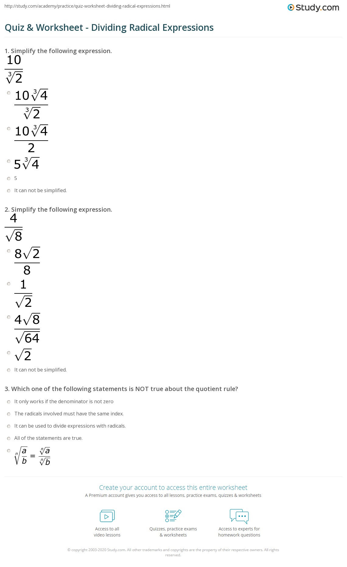 Quiz Worksheet Dividing Radical Expressions Study